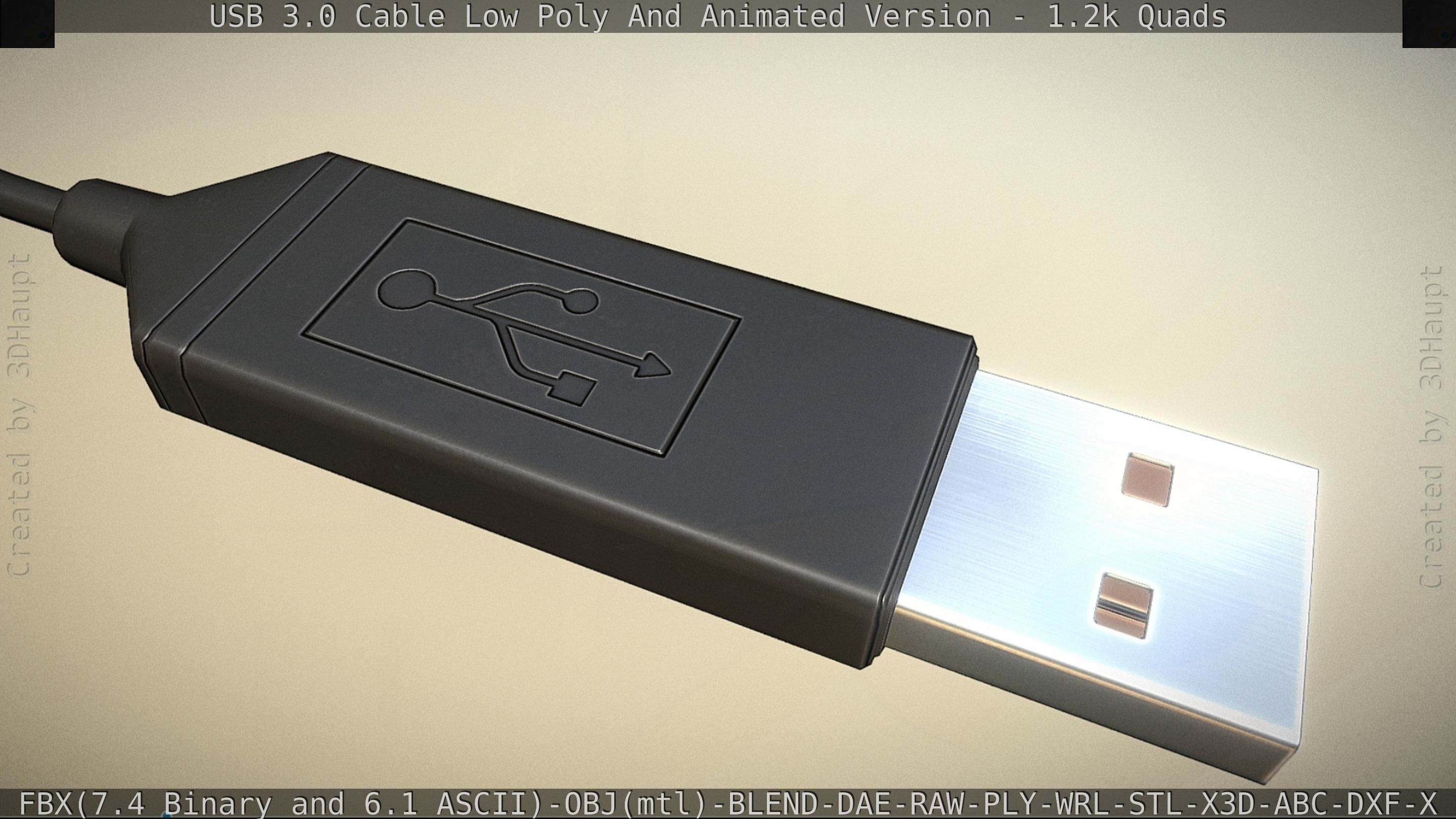 3d Model Usb 3 Cable Rigged Low Poly Version - Gameready - Pbr Textures