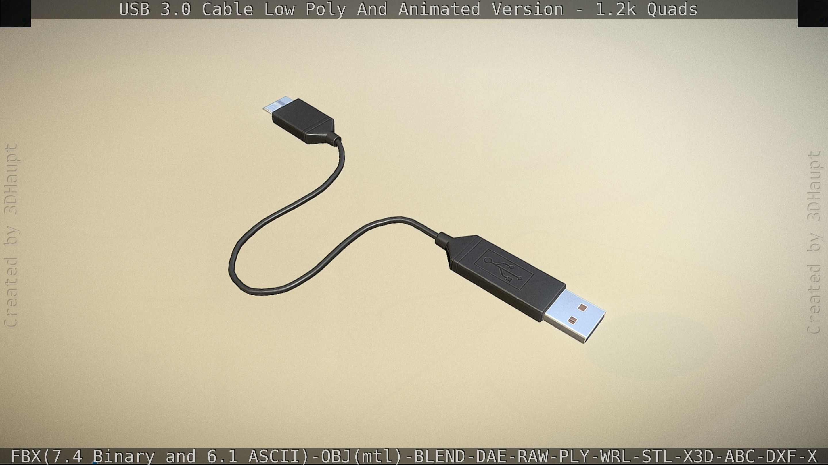 3d Model Usb 3 Cable Rigged Low Poly Version - Gameready - Pbr Textures