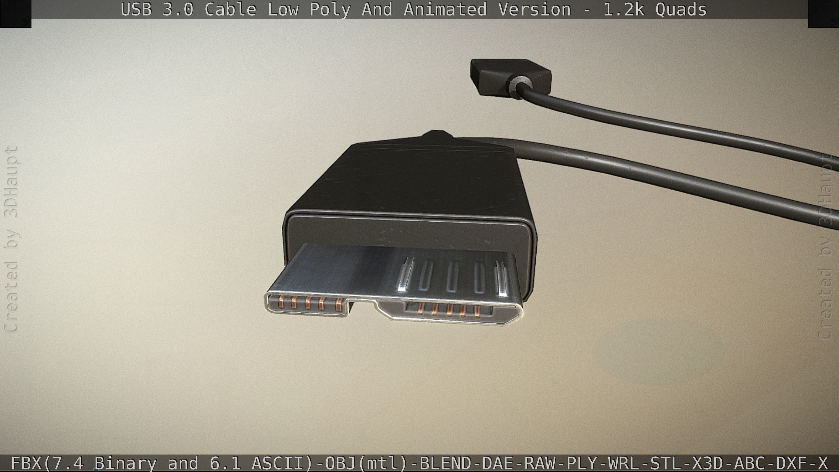 3D model USB 3 Cable Rigged Low Poly Version - Gameready - PBR Textures ...