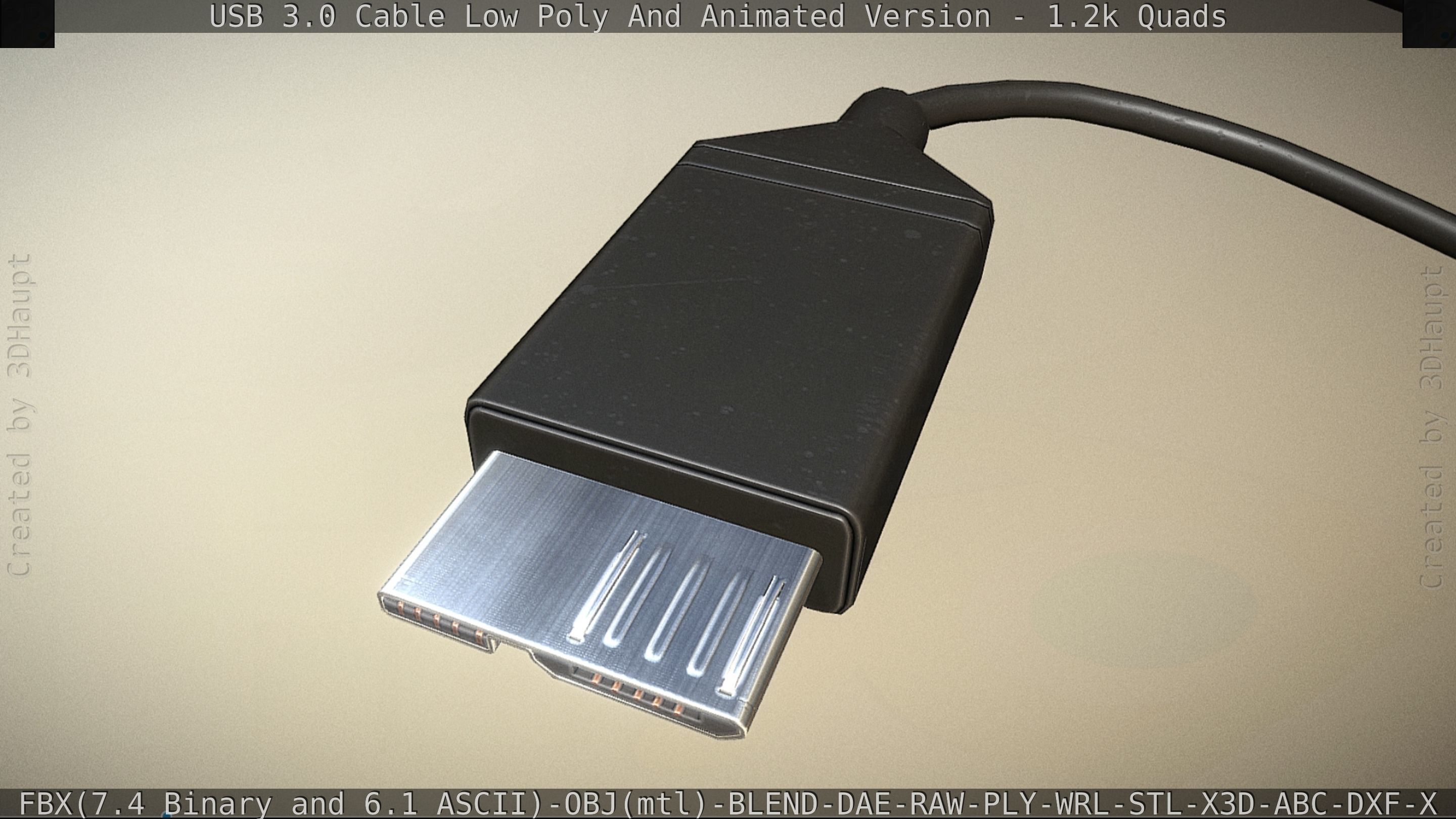 3d Model Usb 3 Cable Rigged Low Poly Version - Gameready - Pbr Textures 