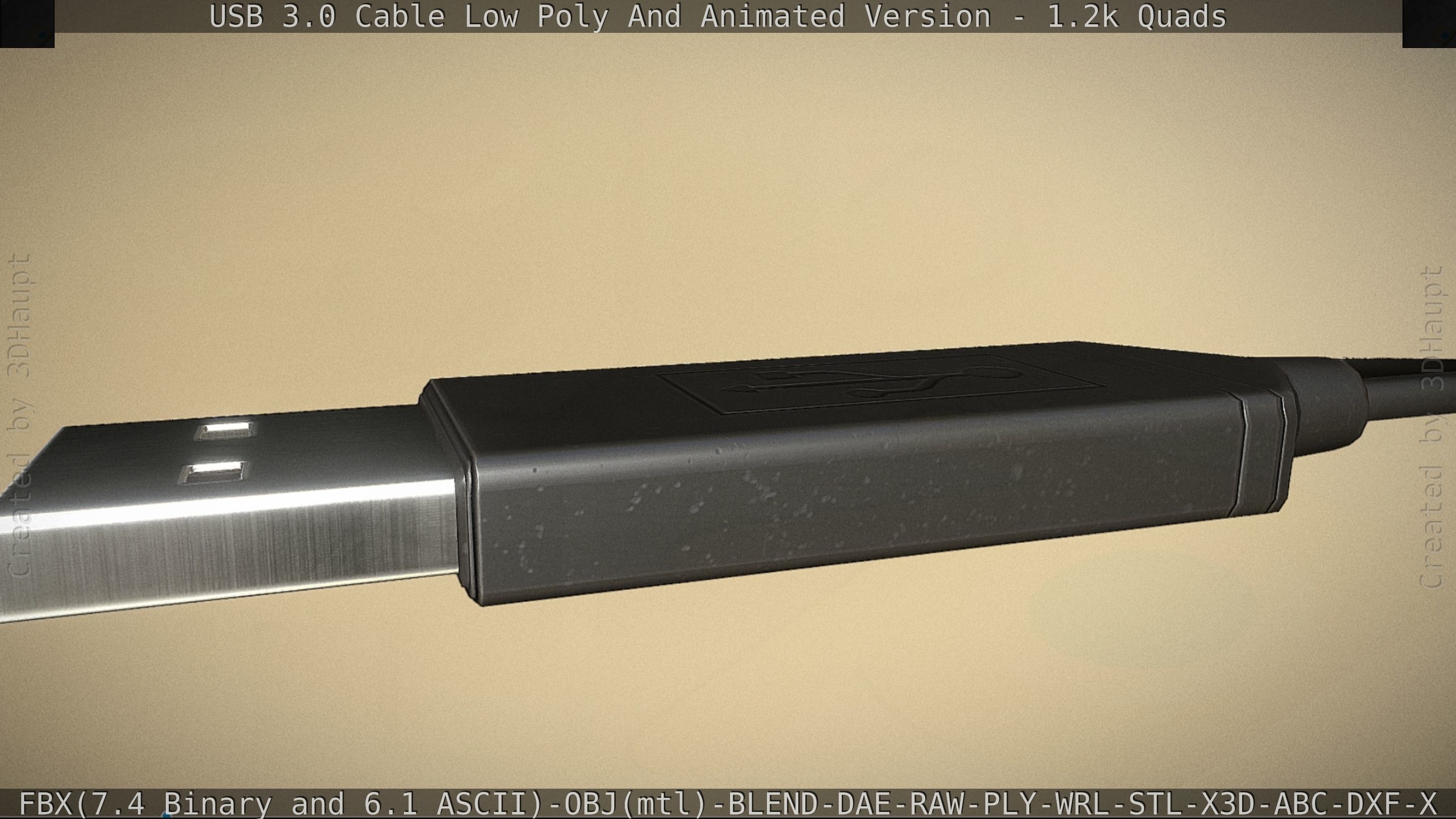 3D model USB 3 Cable Rigged Low Poly Version - Gameready - PBR Textures ...