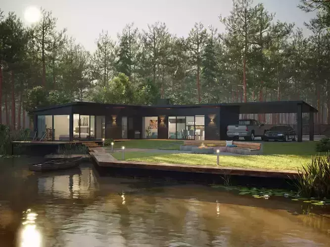 3D model Modern Lakeside Villa House with Garden Exterior 3D Model VR ...