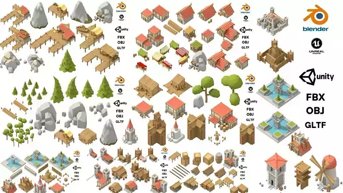 3D model Full City low Poly Fantasy RTS 128 Model Game Ready VR / AR ...