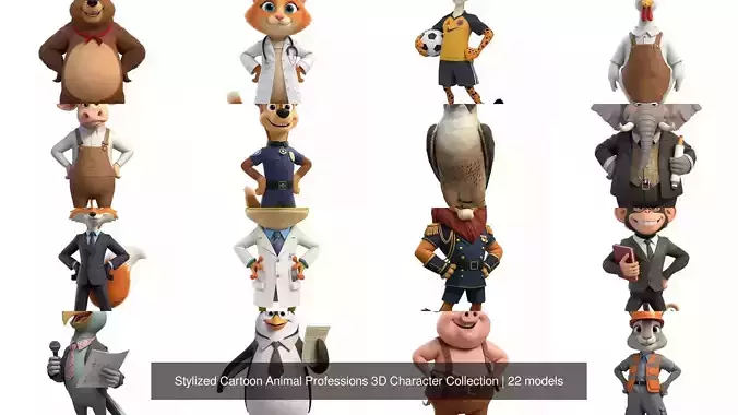 3D Model Pack Stylized Cartoon Animal Professions 3D Character ...