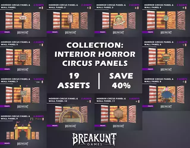Interior Horror Circus Panels - 19 assets 3D Model Pack VR / AR / low ...