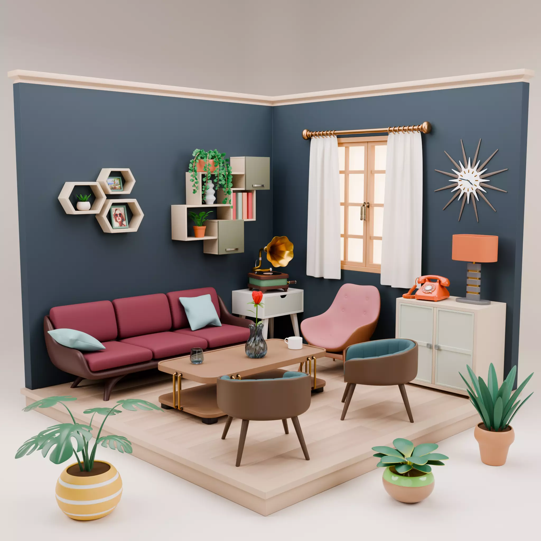 3D model Stylized Retro Living Room Interior VR / AR / low-poly | CGTrader