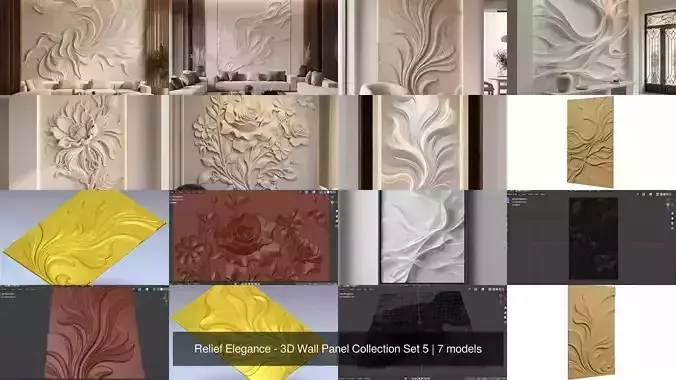 Modern Wave Relief Panel Wall Decor Set STL Mural CNC 368 3D model ...