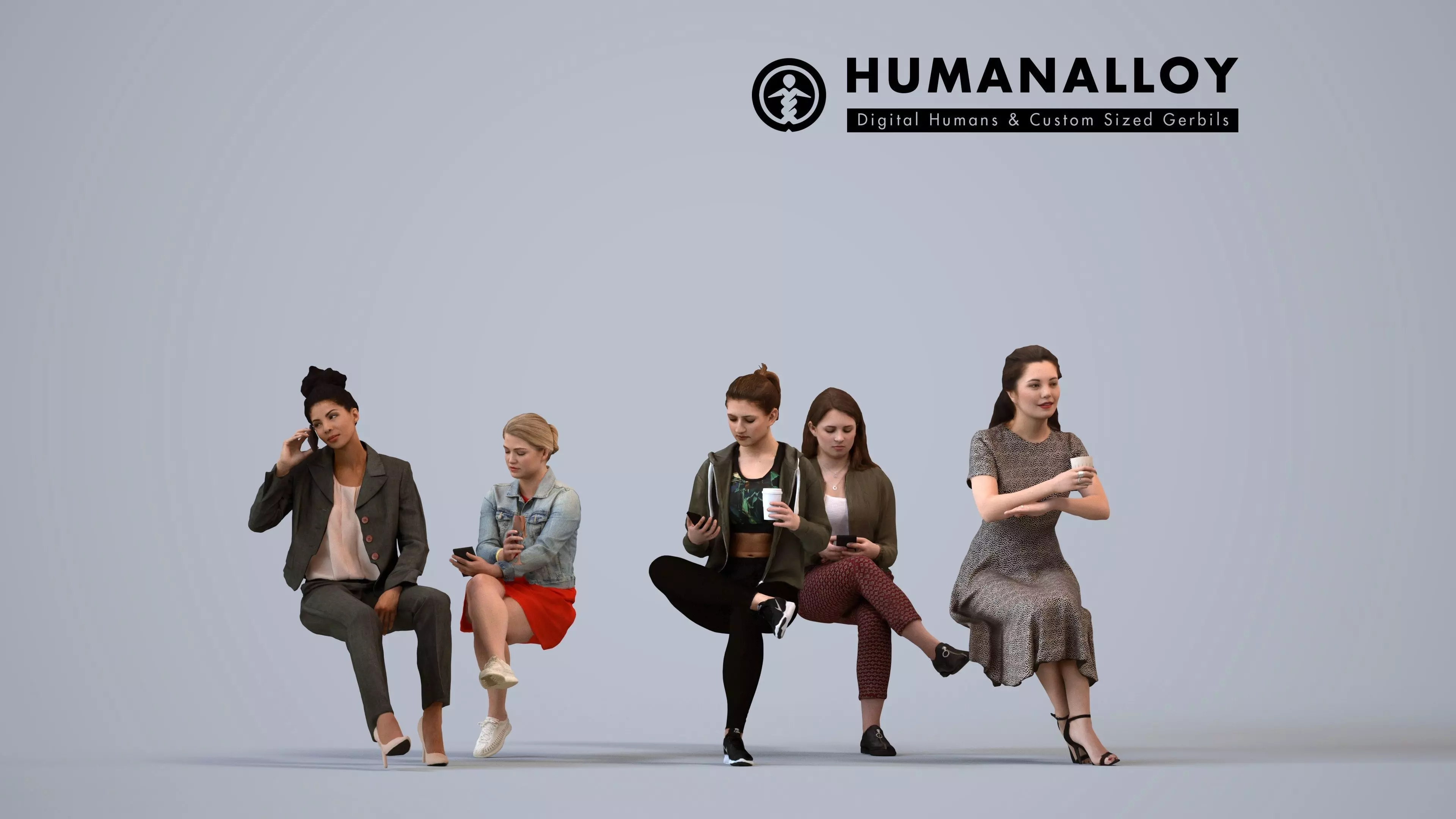 Basics0065 - A set containing 5 models of female adults sitting 3D ...