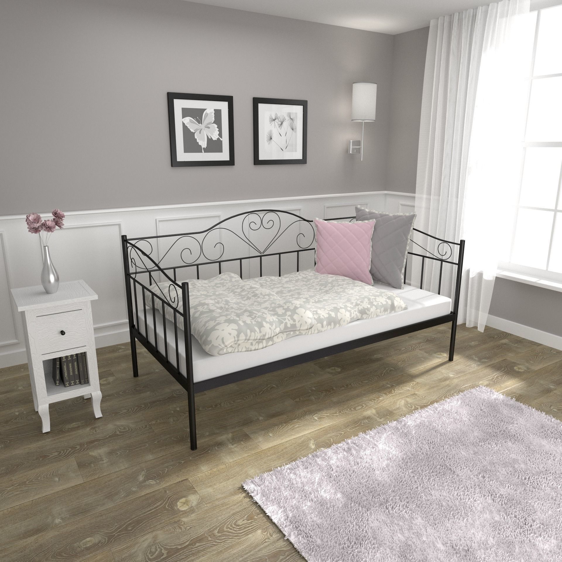 Scene Bedroom with wire frame bed with lights and materials free 3D ...