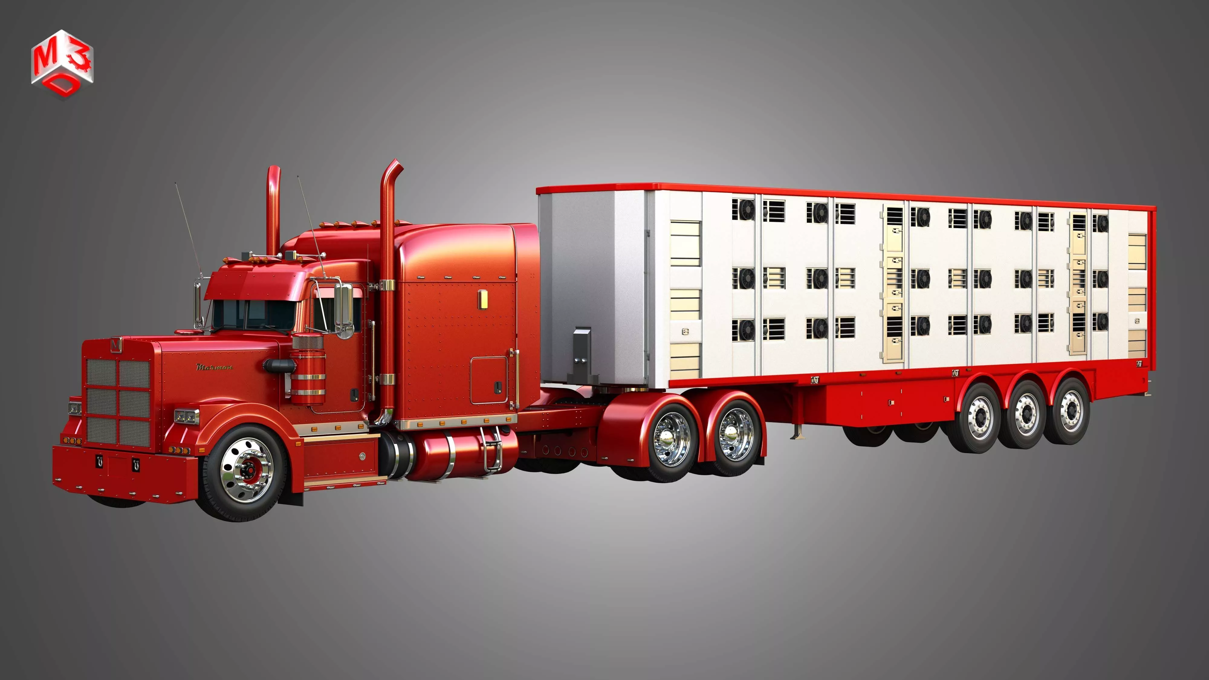 Semi Truck Ultra Cab Sleeper Custom and Animal Transport Trailer 3D ...