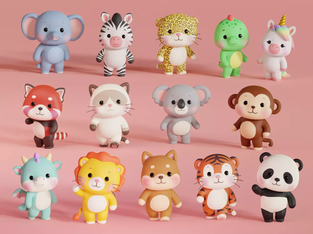 3D model Wild Safari Animals Rigged Animated Cartoon Characters Kawaii ...