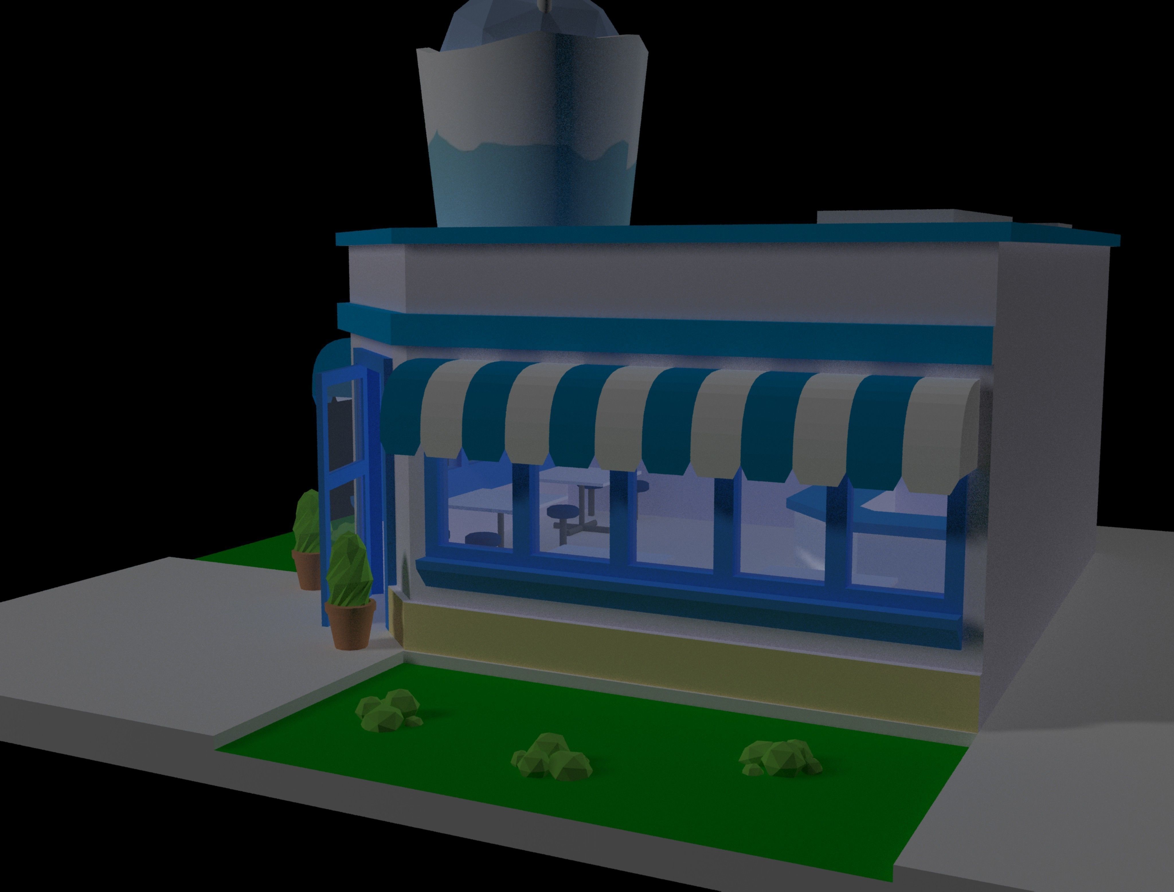 3D model Cafe Low poly coffee shop with awning VR / AR / low-poly ...