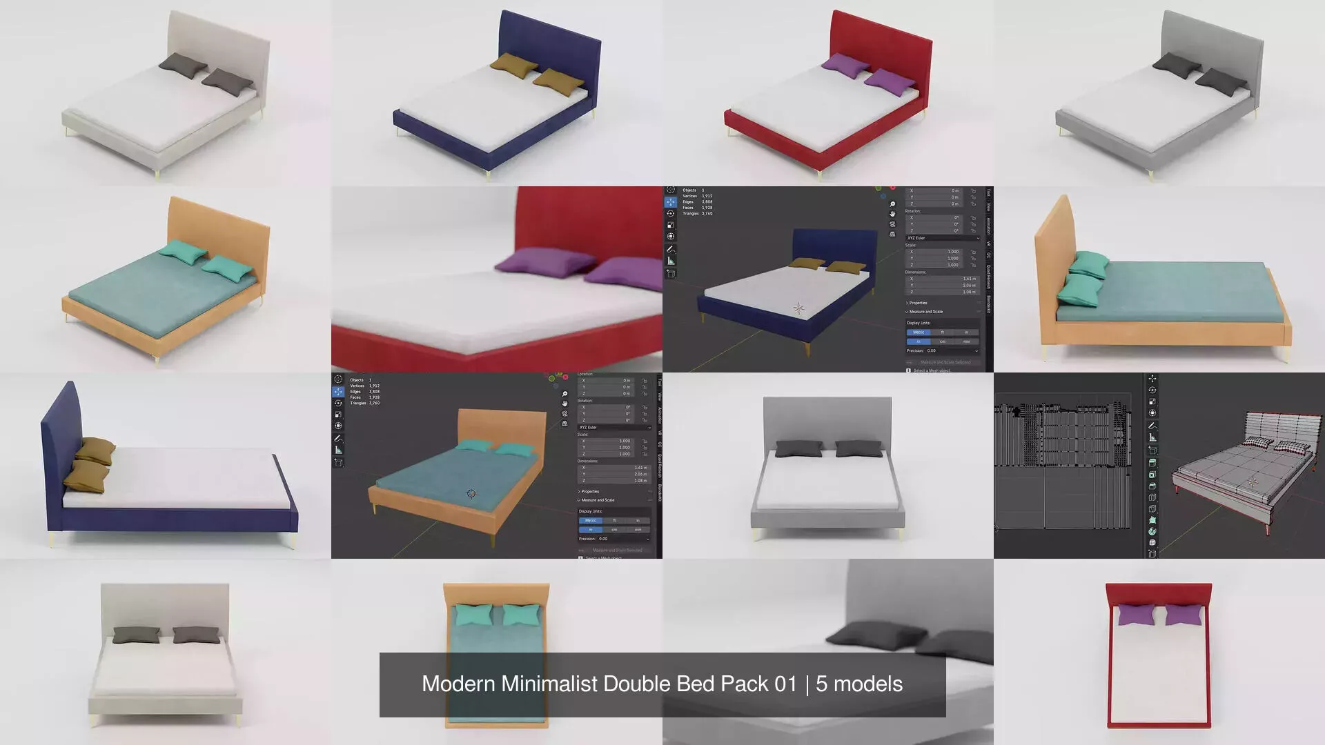 Modern Minimalist Double Bed Pack 01 VR / AR / low-poly | CGTrader