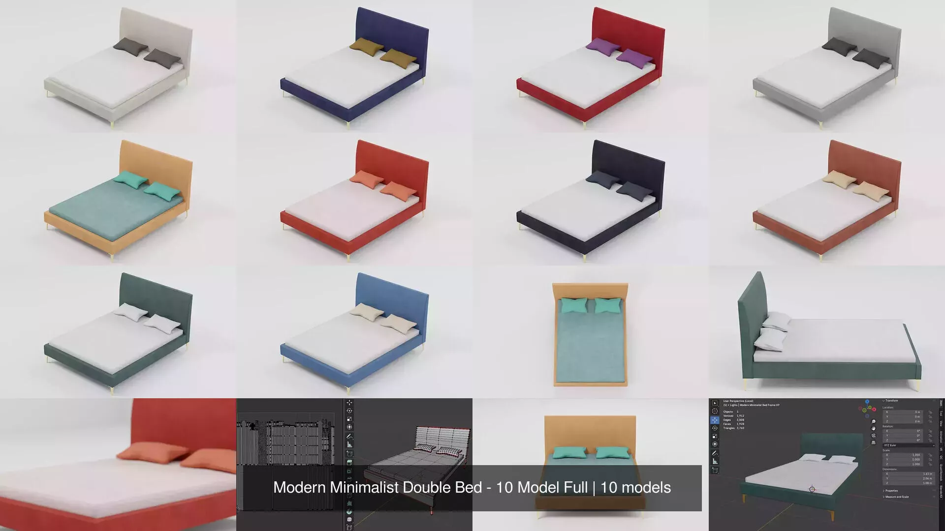 3D Model Pack Modern Minimalist Double Bed - 10 Model Full VR / AR ...