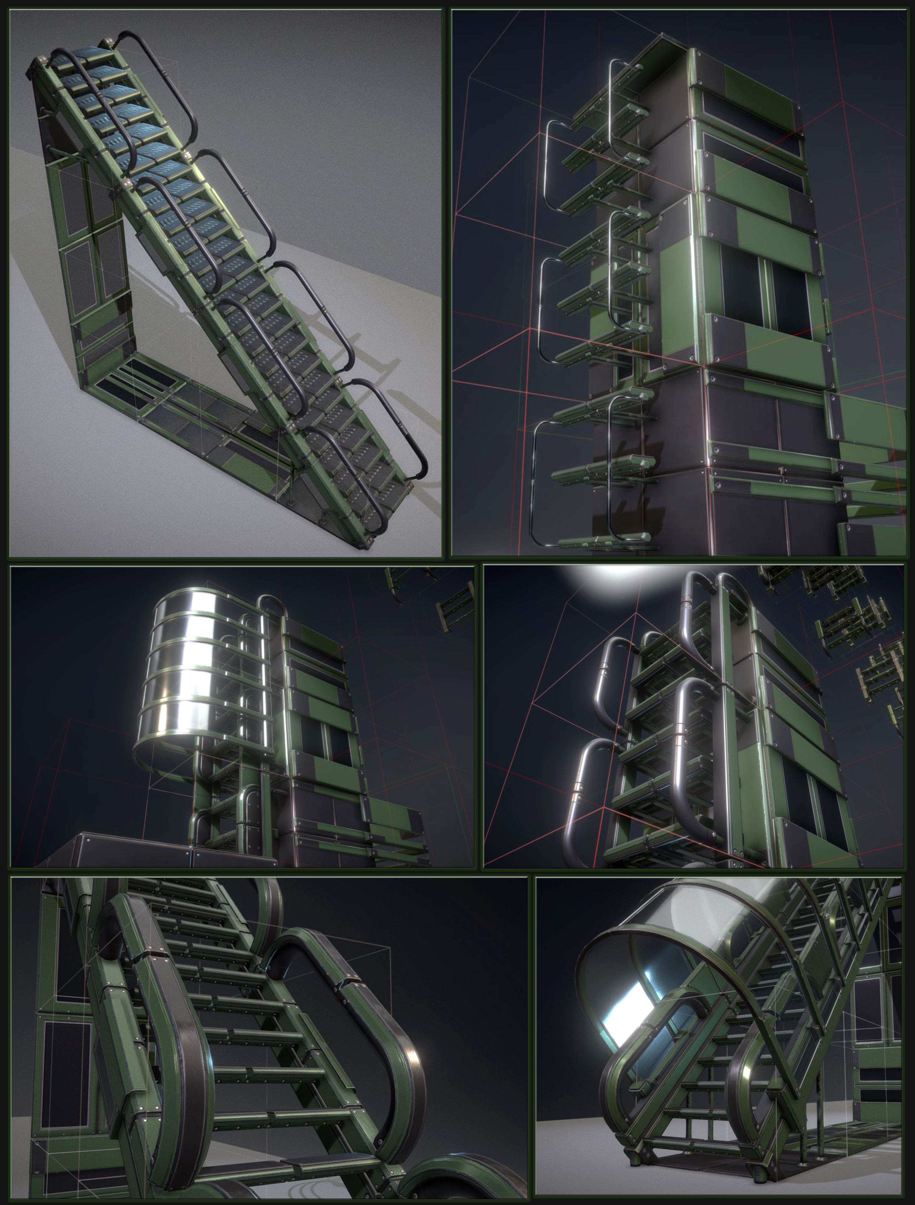3D model Futuristic Ladders and Stairs Package Green Version VR / AR ...
