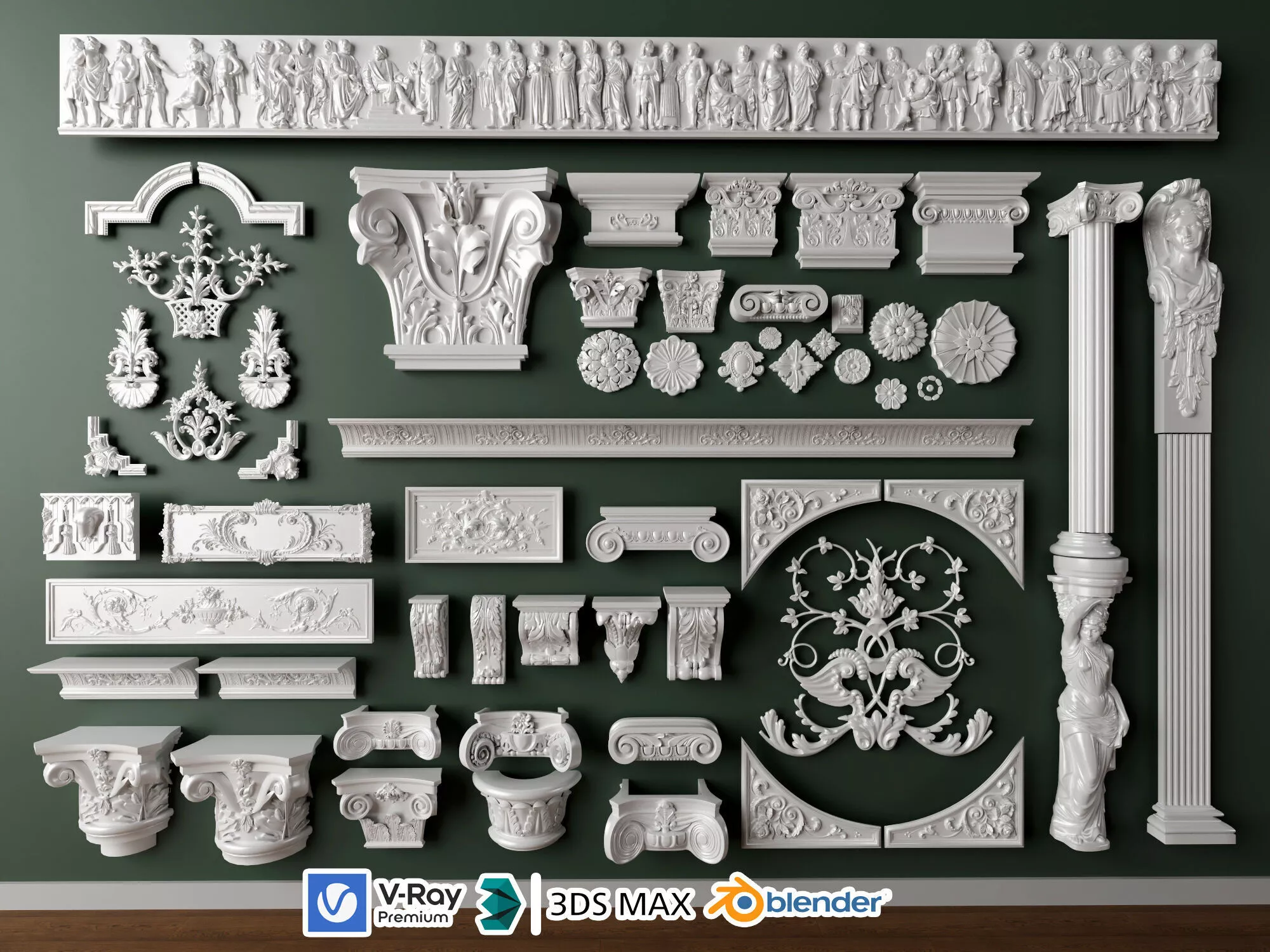 Classic Architectural Moulding Gypsum Relief Roman Column Decor 3D ...