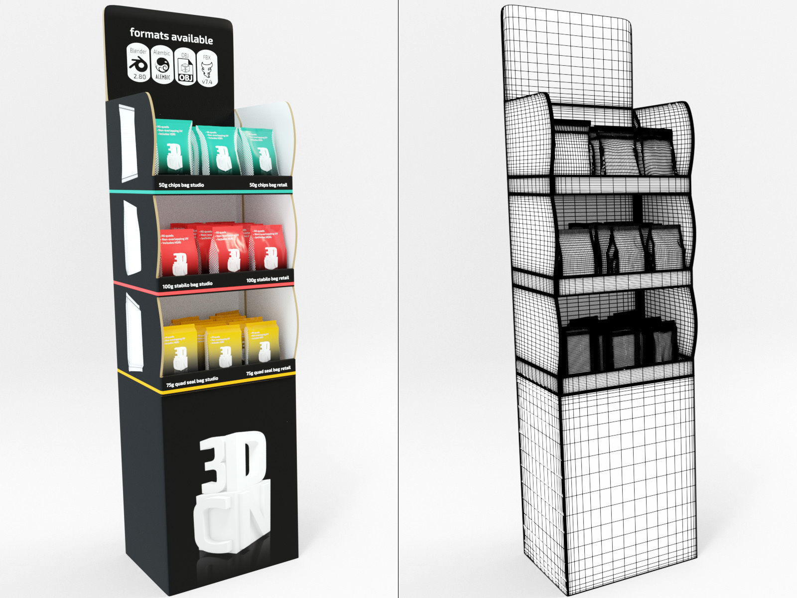 3 Bags Quad seal Pillow and Stabilo bags and display unit 3D model ...