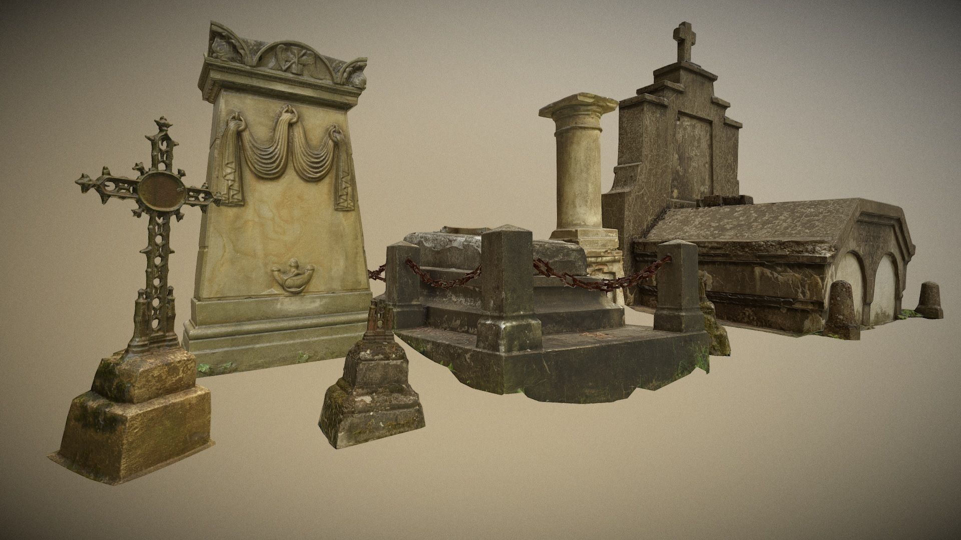 3D model 6x Grave crypt and crosses - cemetery colection VR / AR / low ...