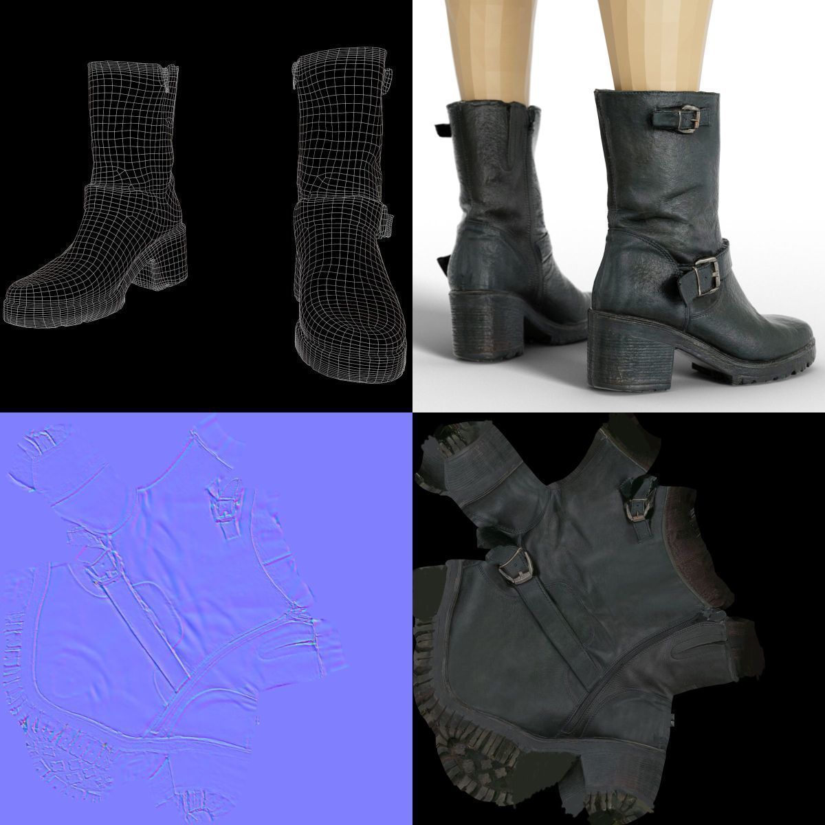 3D model Boot Black Leather Buckles Woman Footwear VR / AR / low-poly ...