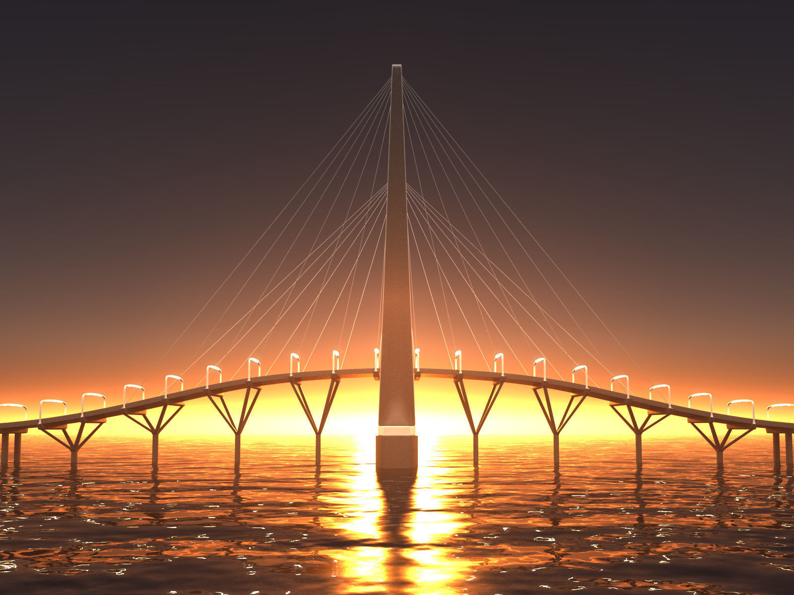 Cable-stayed bridge night scene 3D model | CGTrader