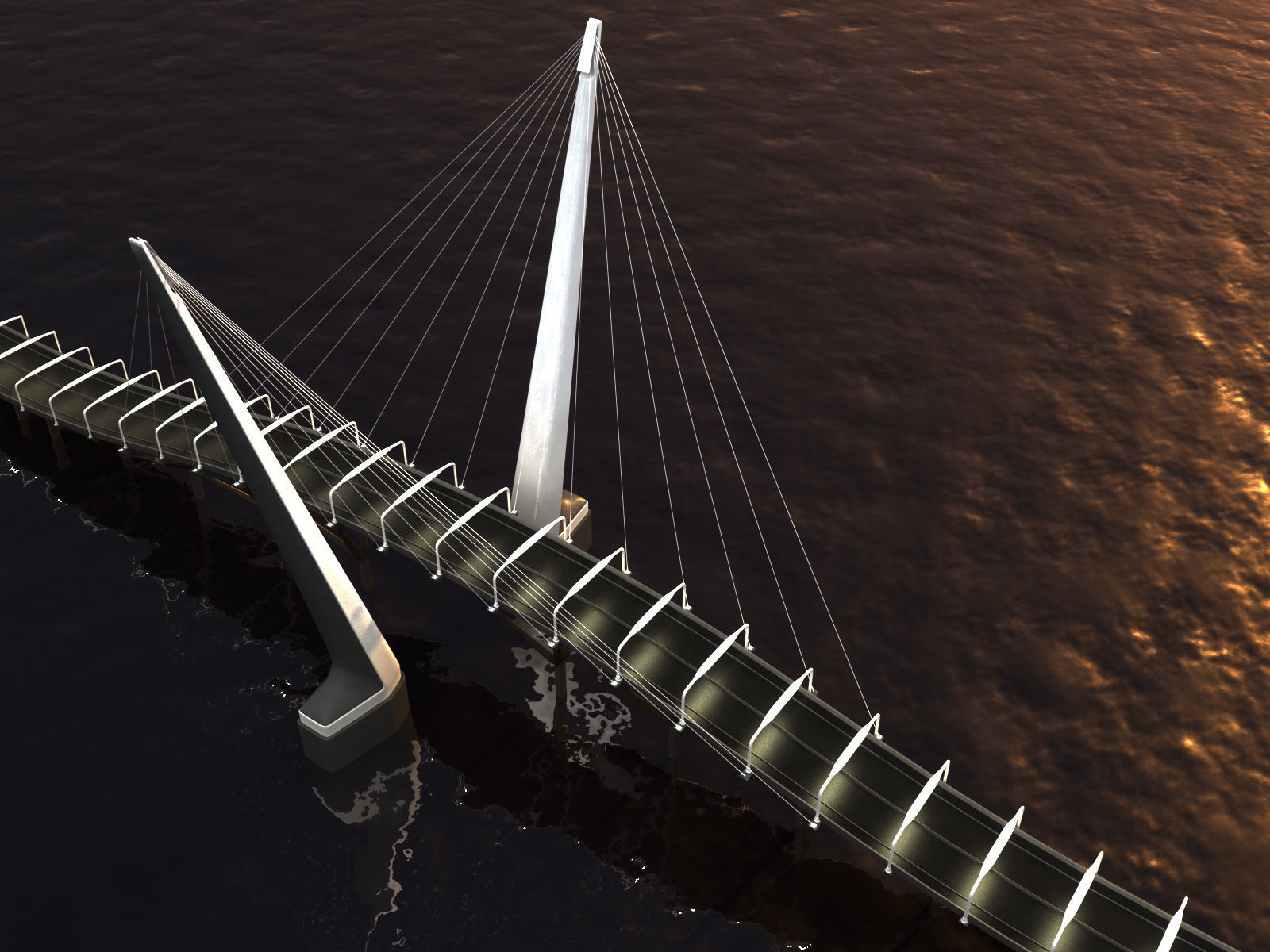 Cable-stayed bridge night scene 3D model | CGTrader