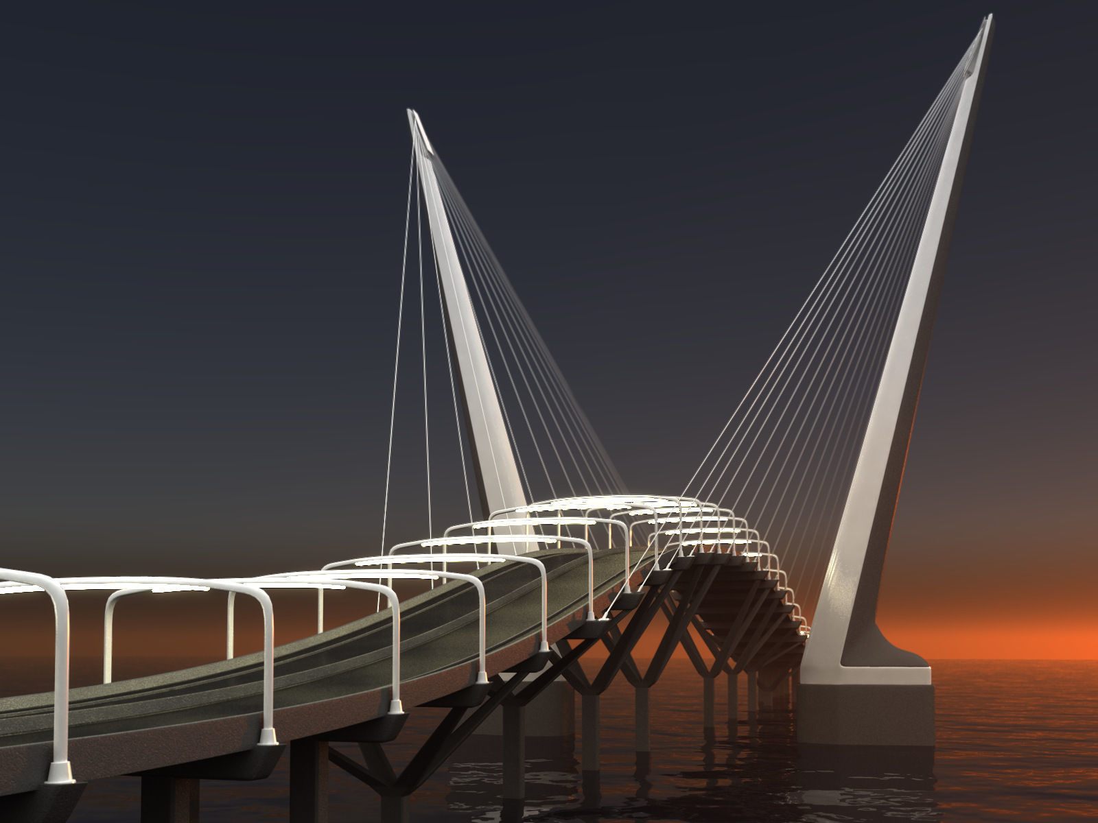Cable-stayed bridge night scene 3D model | CGTrader