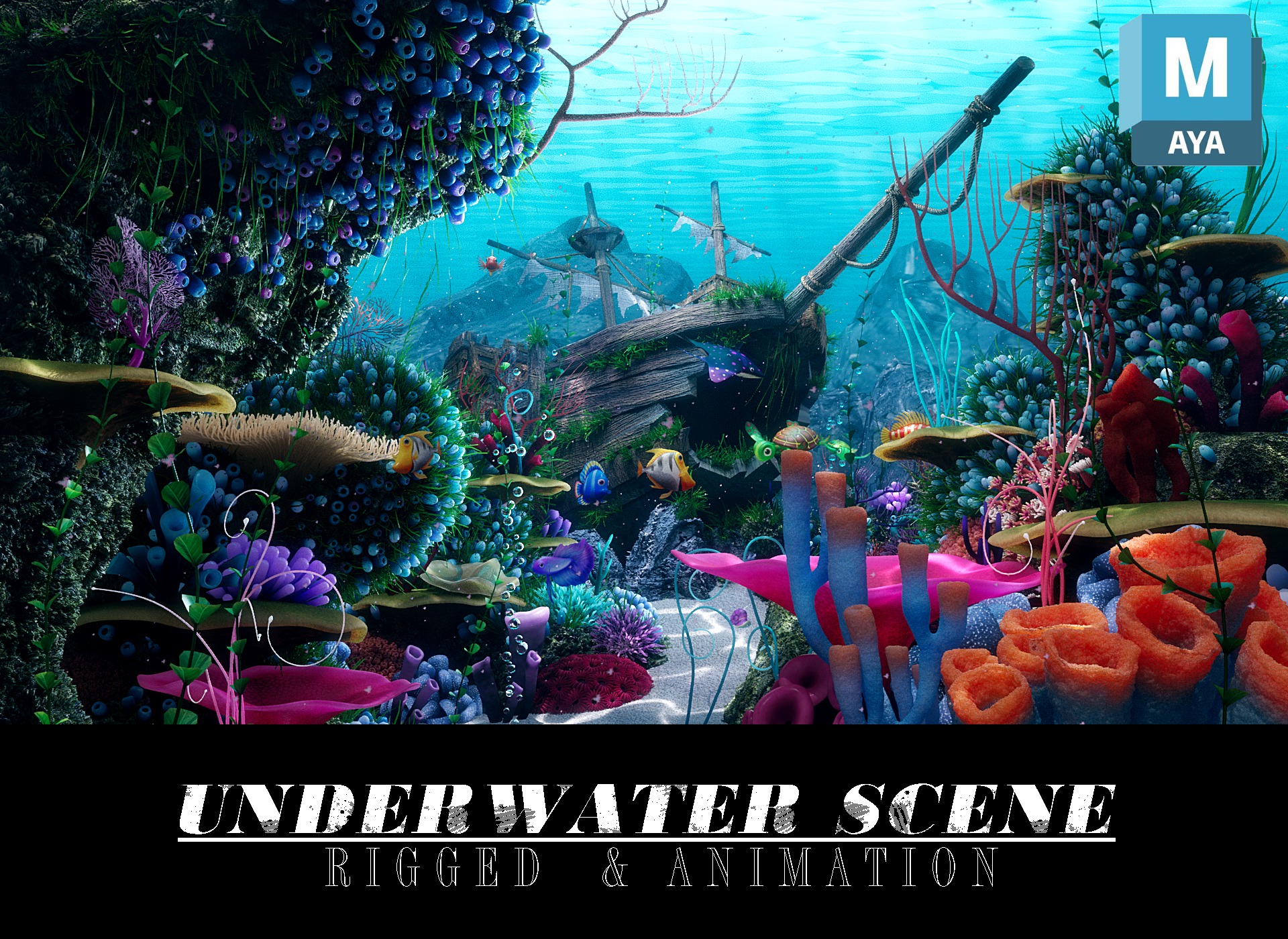 Cartoon Underwater Scene Rigged Animated Maya 3D model animated rigged ...