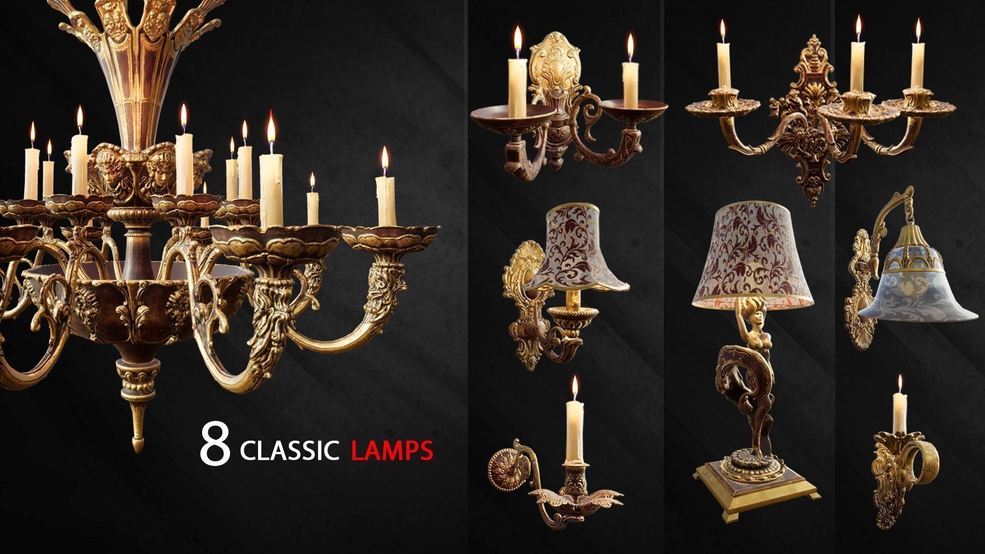 3D model 8 Classic Lamps Unreal 4 - UE4 Unreal Engine lamp VR / AR ...