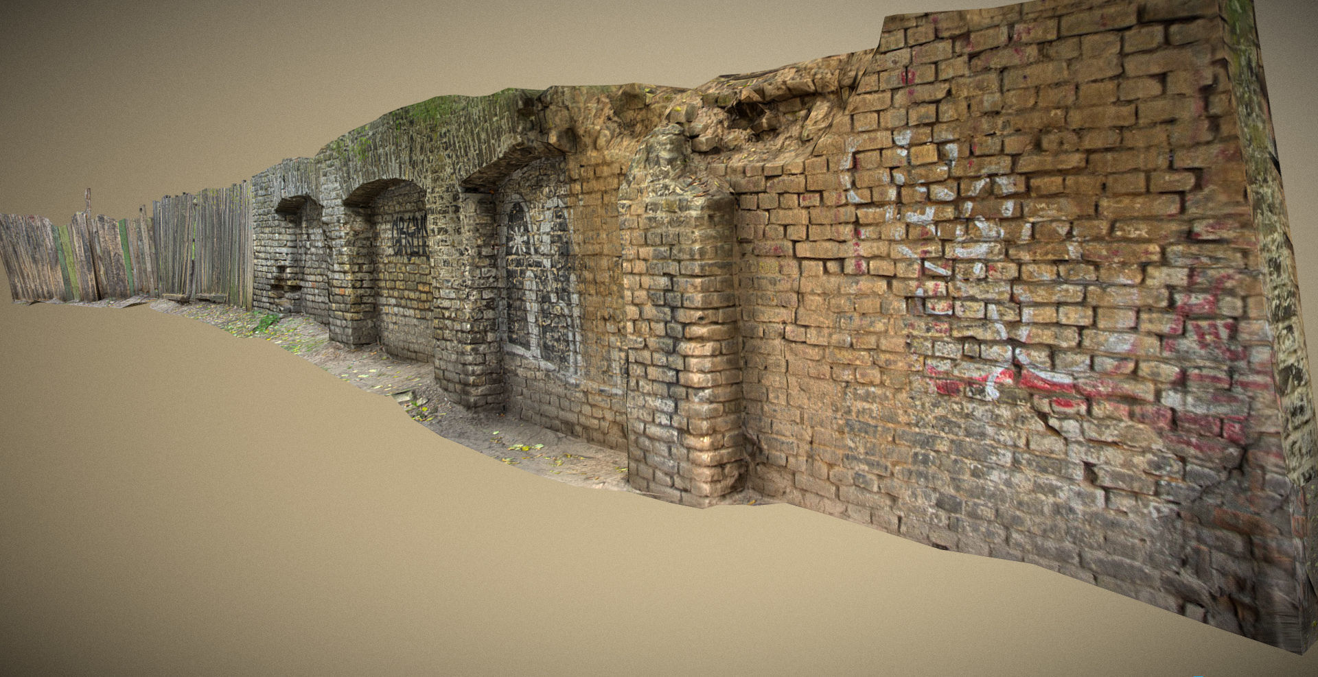 3D model Scanned photorealistic brick and wood crumbling wall VR / AR ...