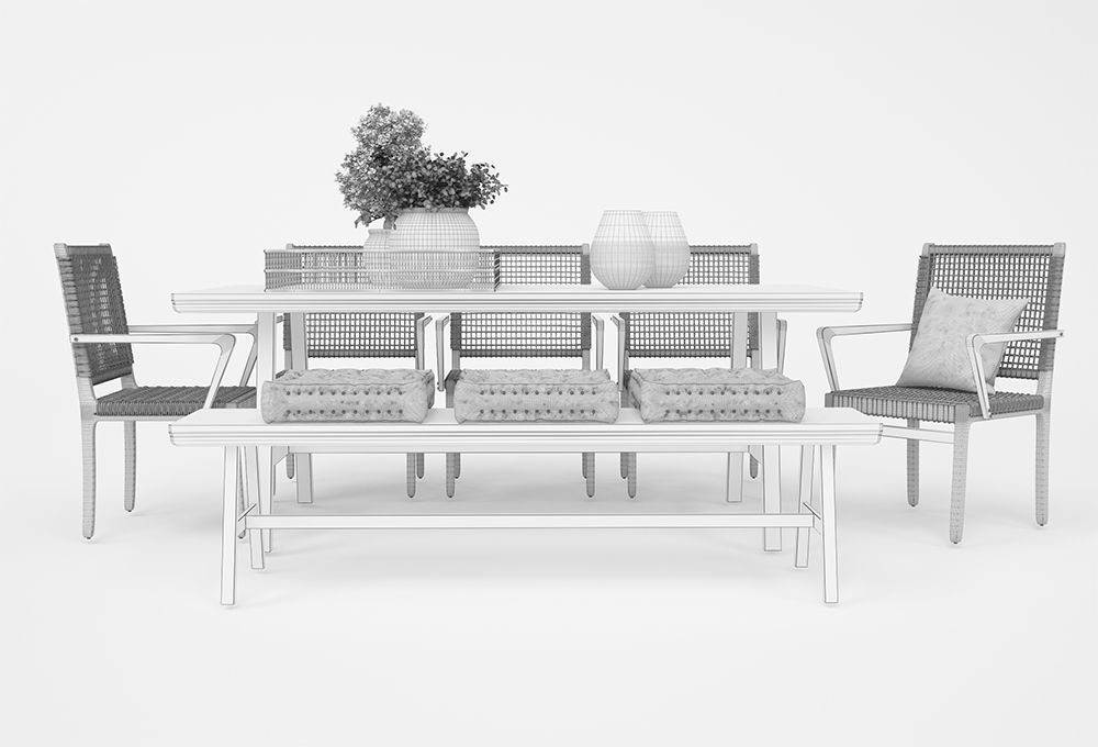 Chai outdoor table with rotting wood chair and bench set 3D model ...