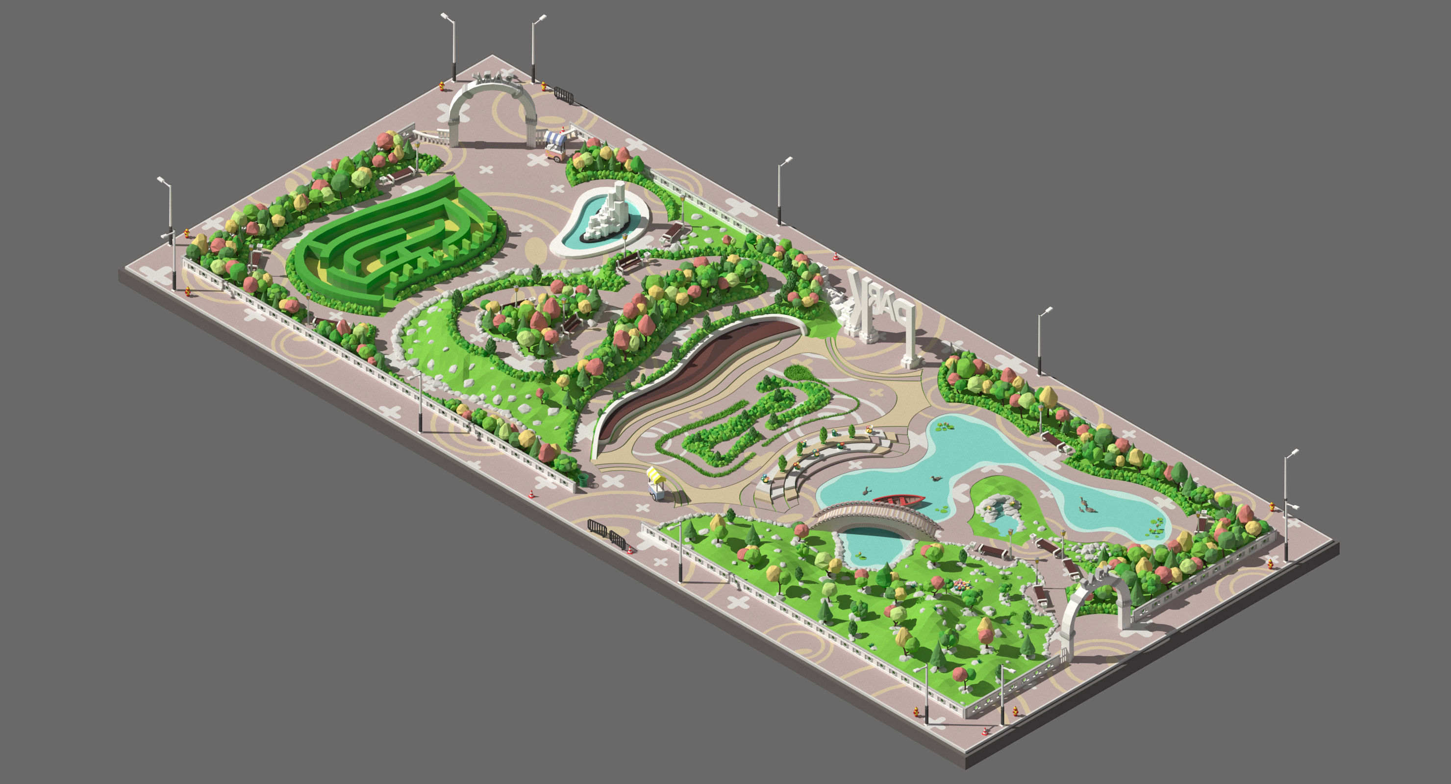 3D model Low poly big park with pond and labyrinth VR / AR / low-poly ...