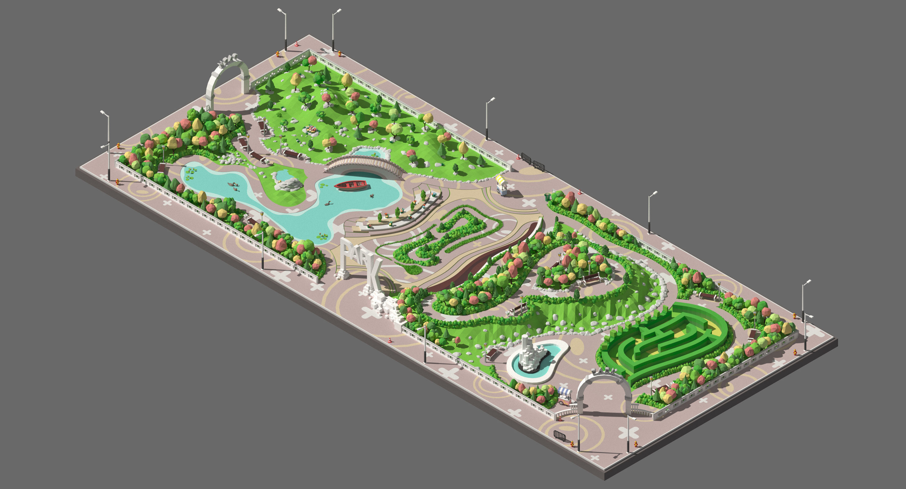 3D model Low poly big park with pond and labyrinth VR / AR / low-poly ...