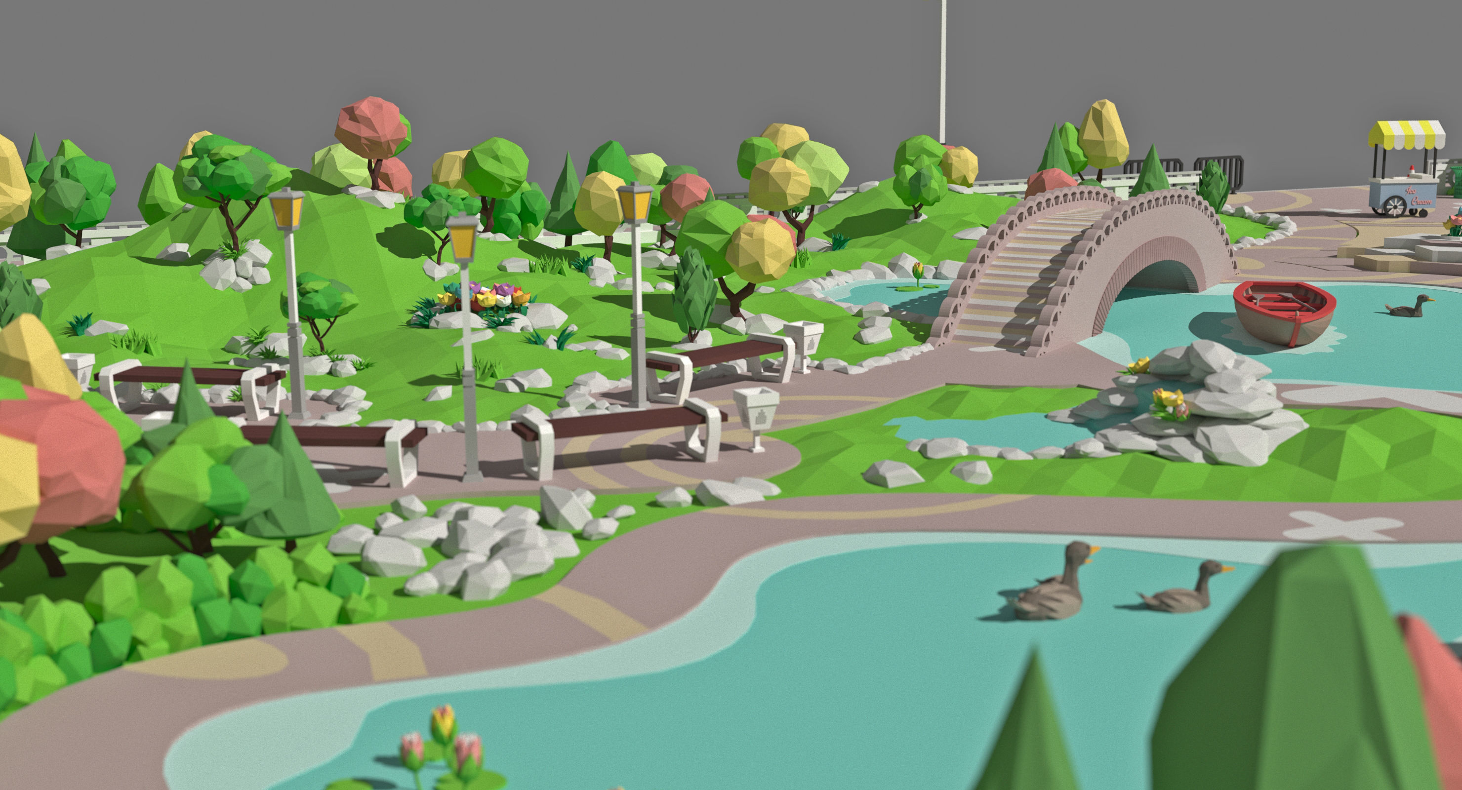 3D model Low poly big park with pond and labyrinth VR / AR / low-poly ...