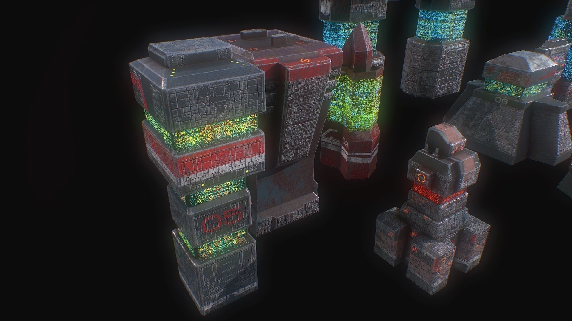 3D model Low poly sci fi dark future buildings set VR / AR / low-poly ...