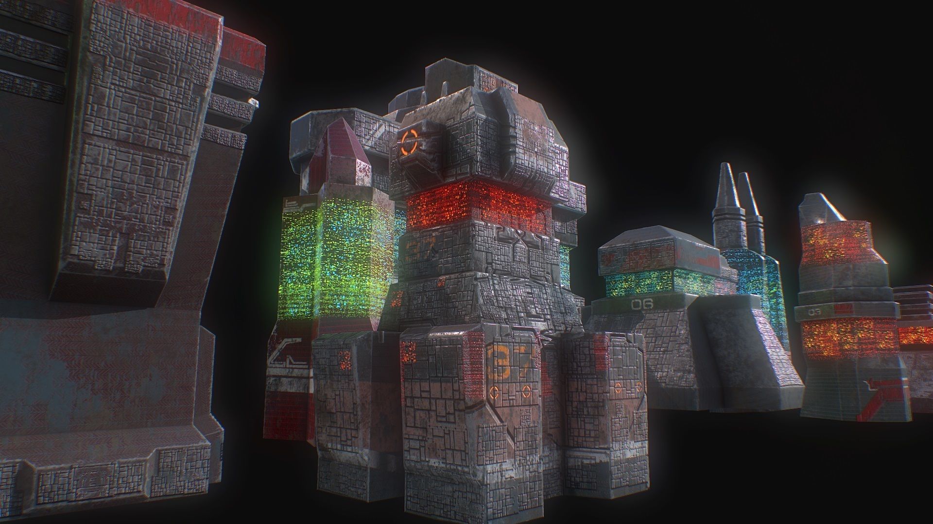 3D model Low poly sci fi dark future buildings set VR / AR / low-poly ...