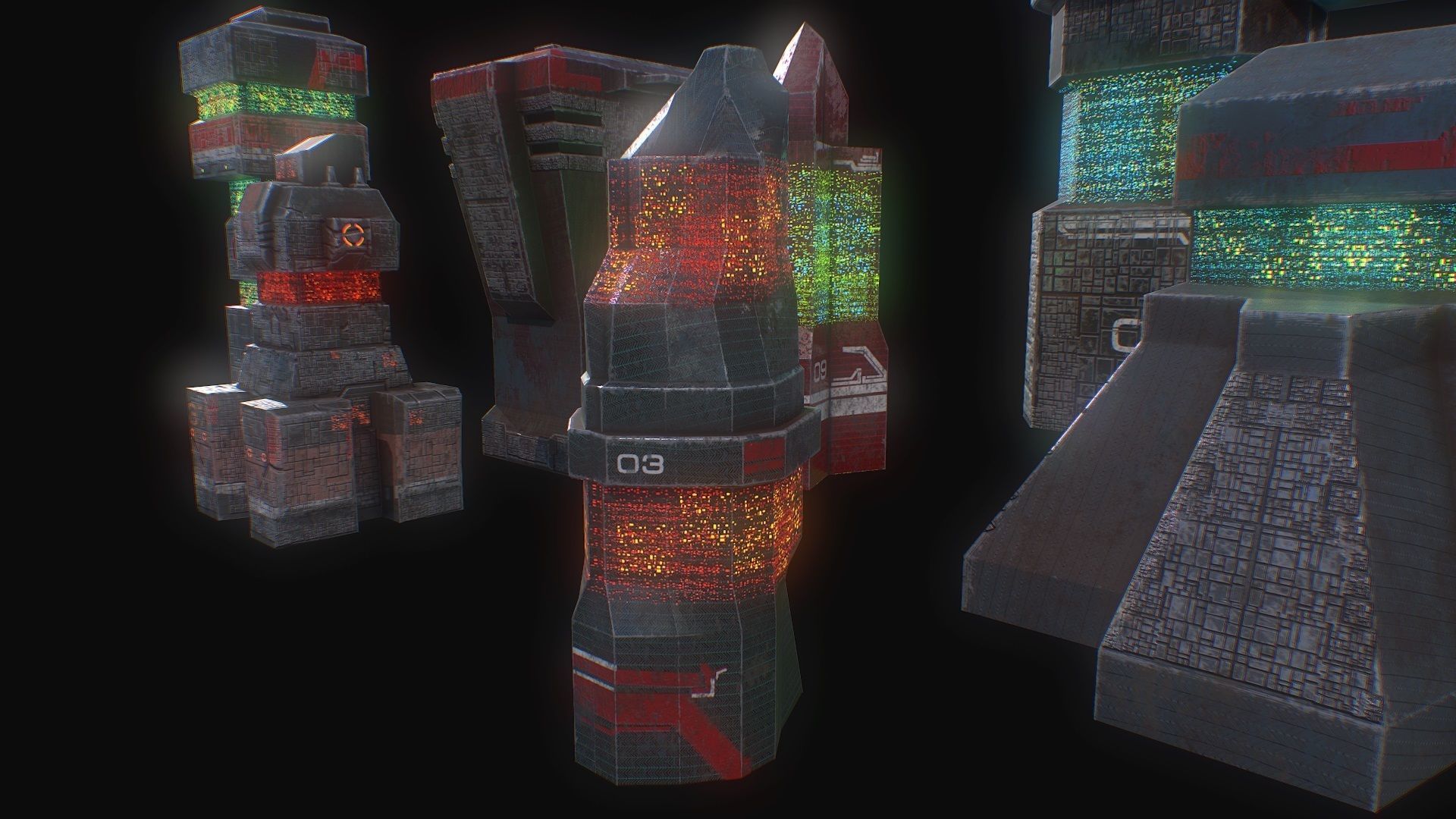3D model Low poly sci fi dark future buildings set VR / AR / low-poly ...