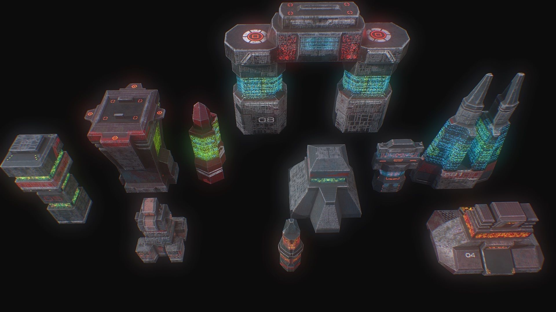 3D model Low poly sci fi dark future buildings set VR / AR / low-poly ...