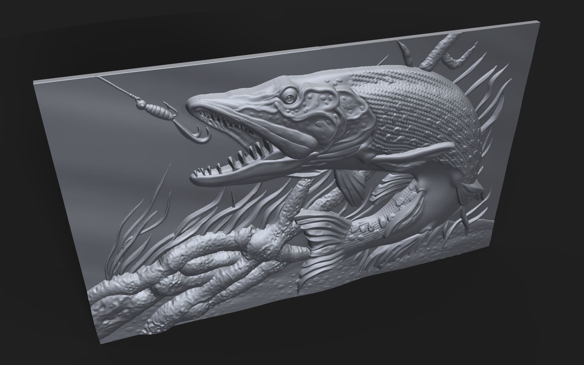 Pike fishing bas relief for CNC 3D model 3D printable | CGTrader