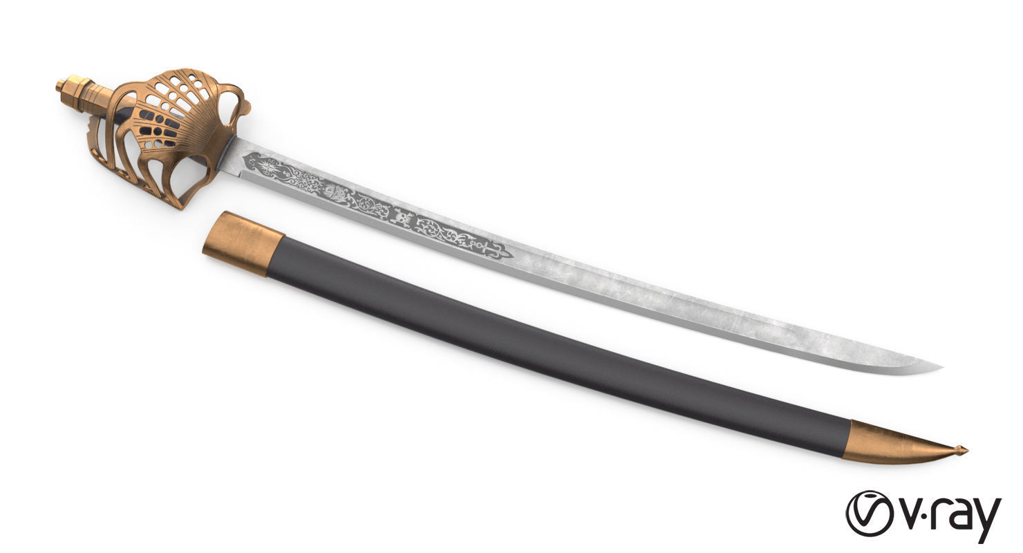 Pirate Marine Cutlass with Brass Hilt and Engraved Blade 3D model ...