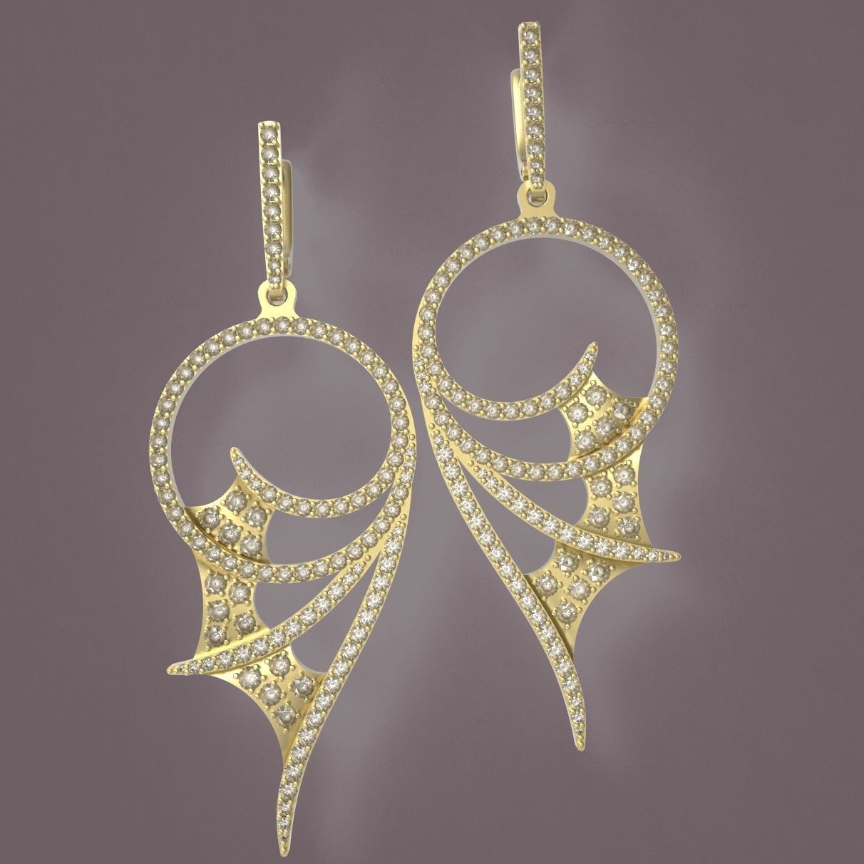 earrings 3D print model gold and diamond dangle 3D model 3D printable ...