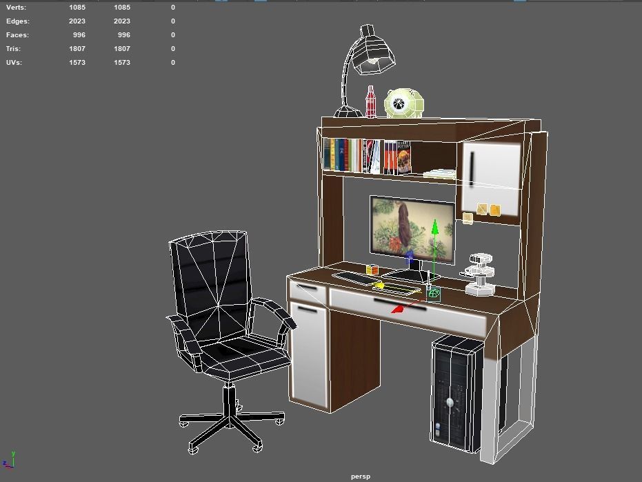 3D model Low Poly Desktop desk with monitor and chair VR / AR / low ...