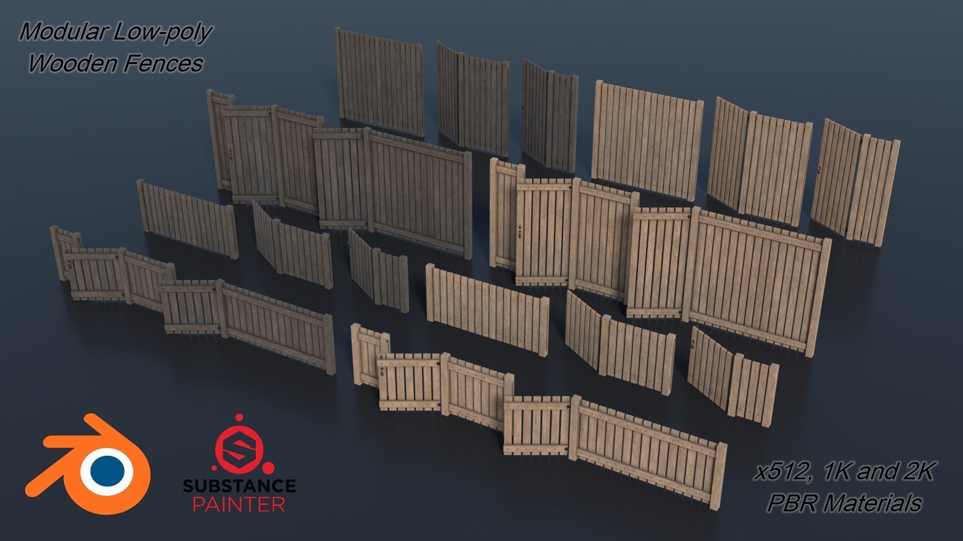 3D model Low-poly Modular Wooden Fence set PBR VR / AR / low-poly ...