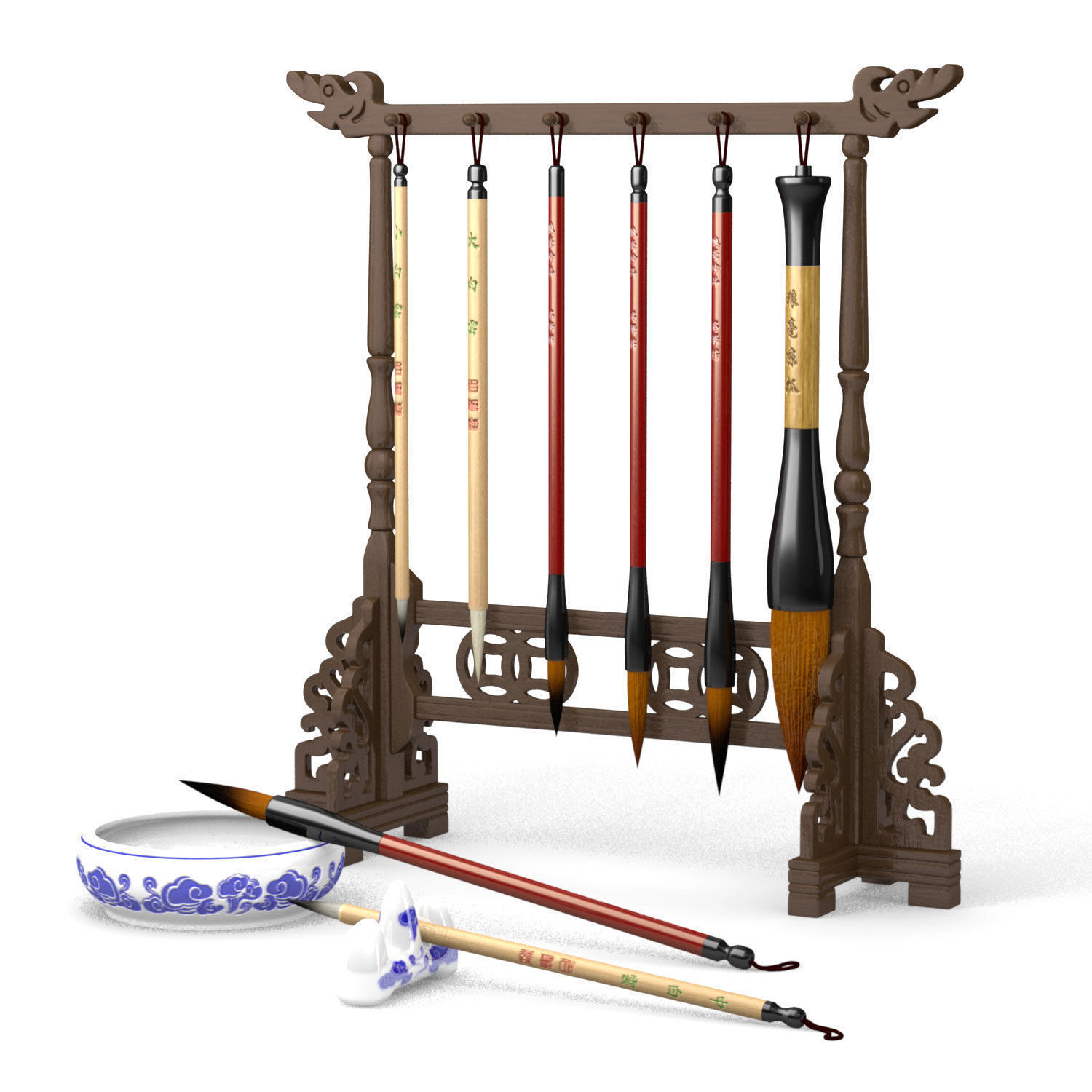 3D model Chinese Calligraphy Brush Set - Pens - holder - Wooden Stand ...