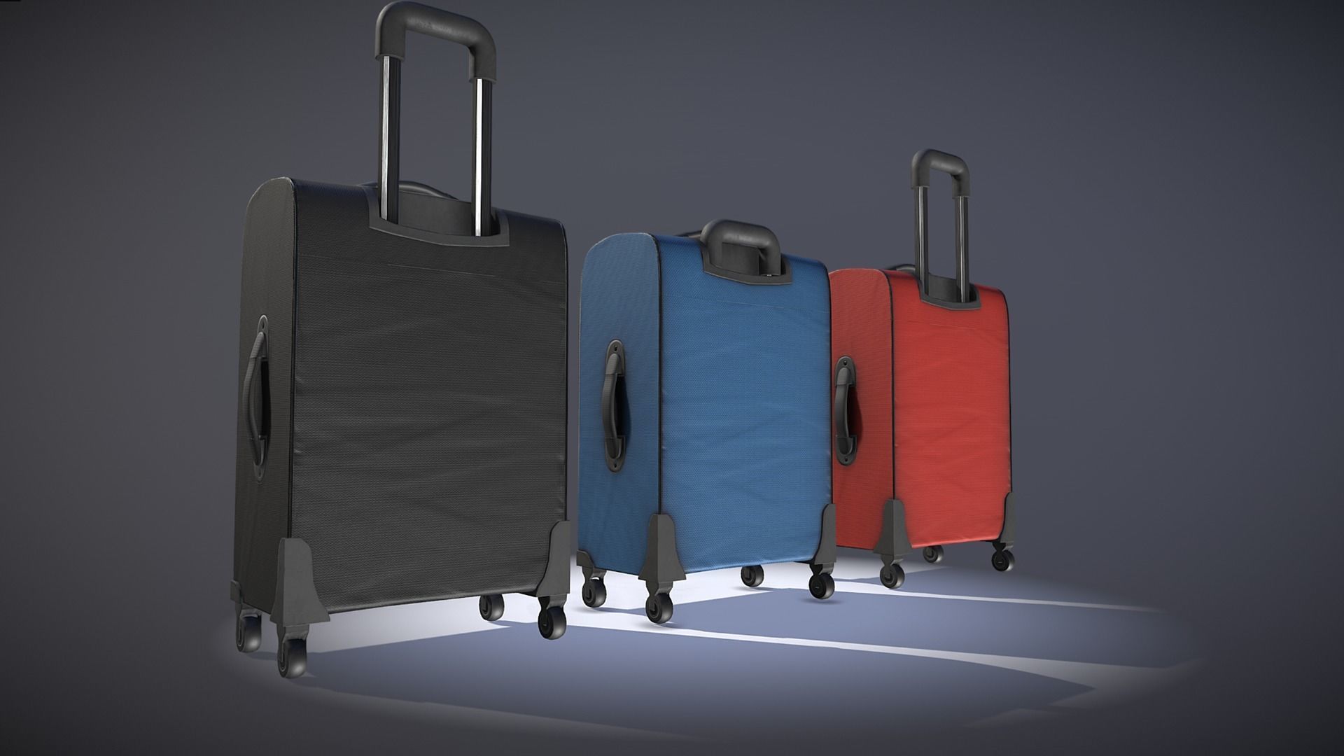 3D model Luggage 3 three different colored suitcases on wheels VR / AR ...
