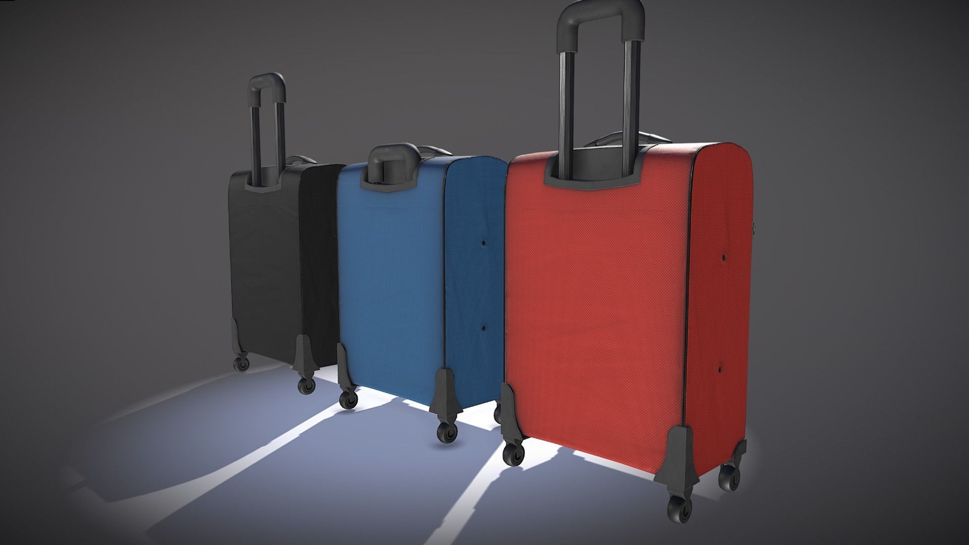 3D model Luggage 3 three different colored suitcases on wheels VR / AR ...