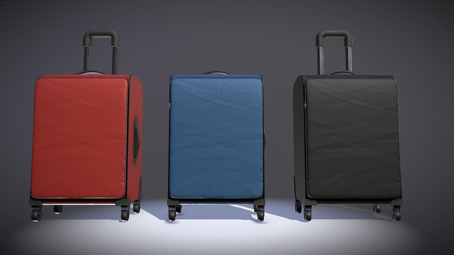 3D model Luggage 3 three different colored suitcases on wheels VR / AR ...