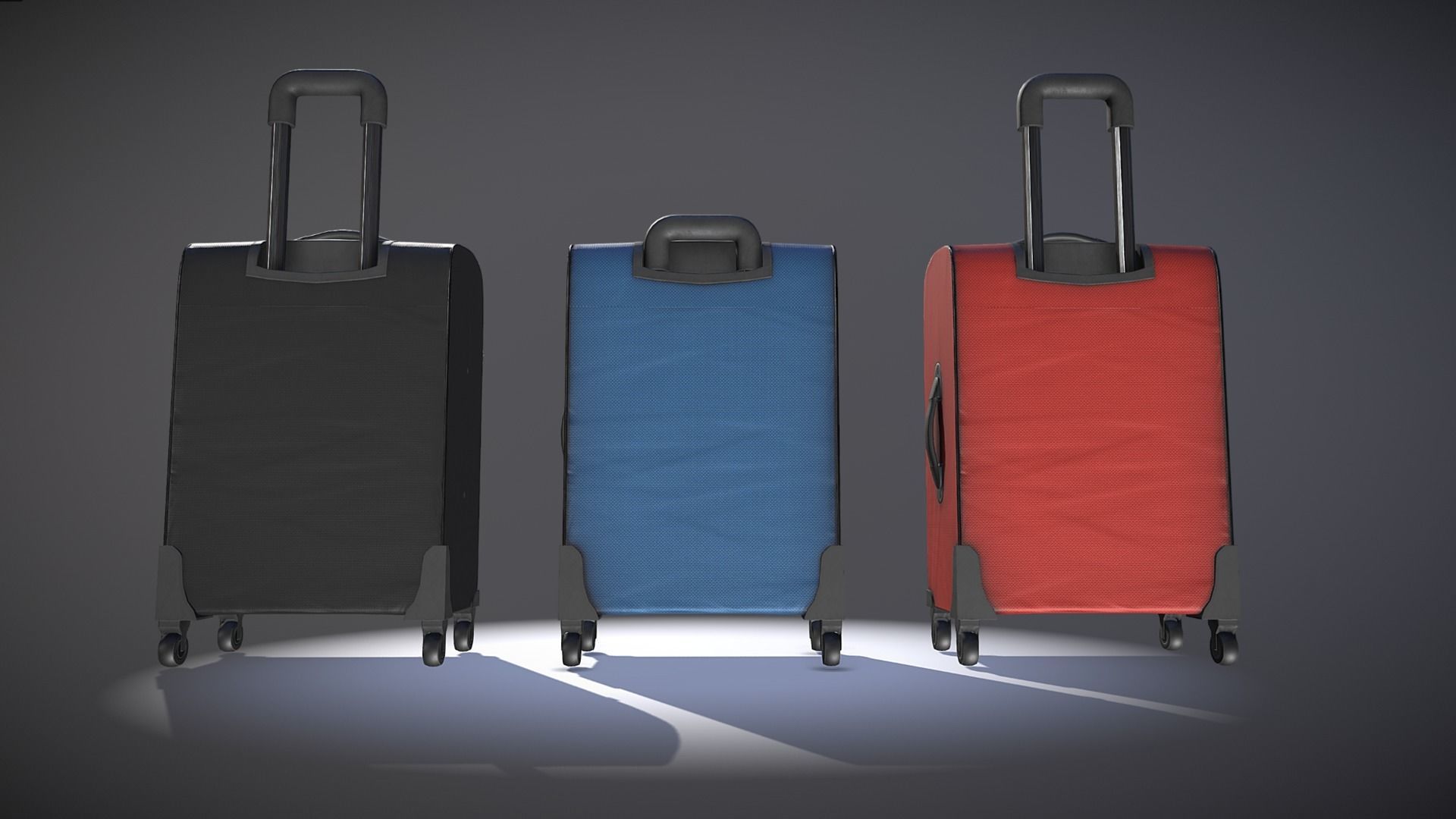 3D model Luggage 3 three different colored suitcases on wheels VR / AR ...