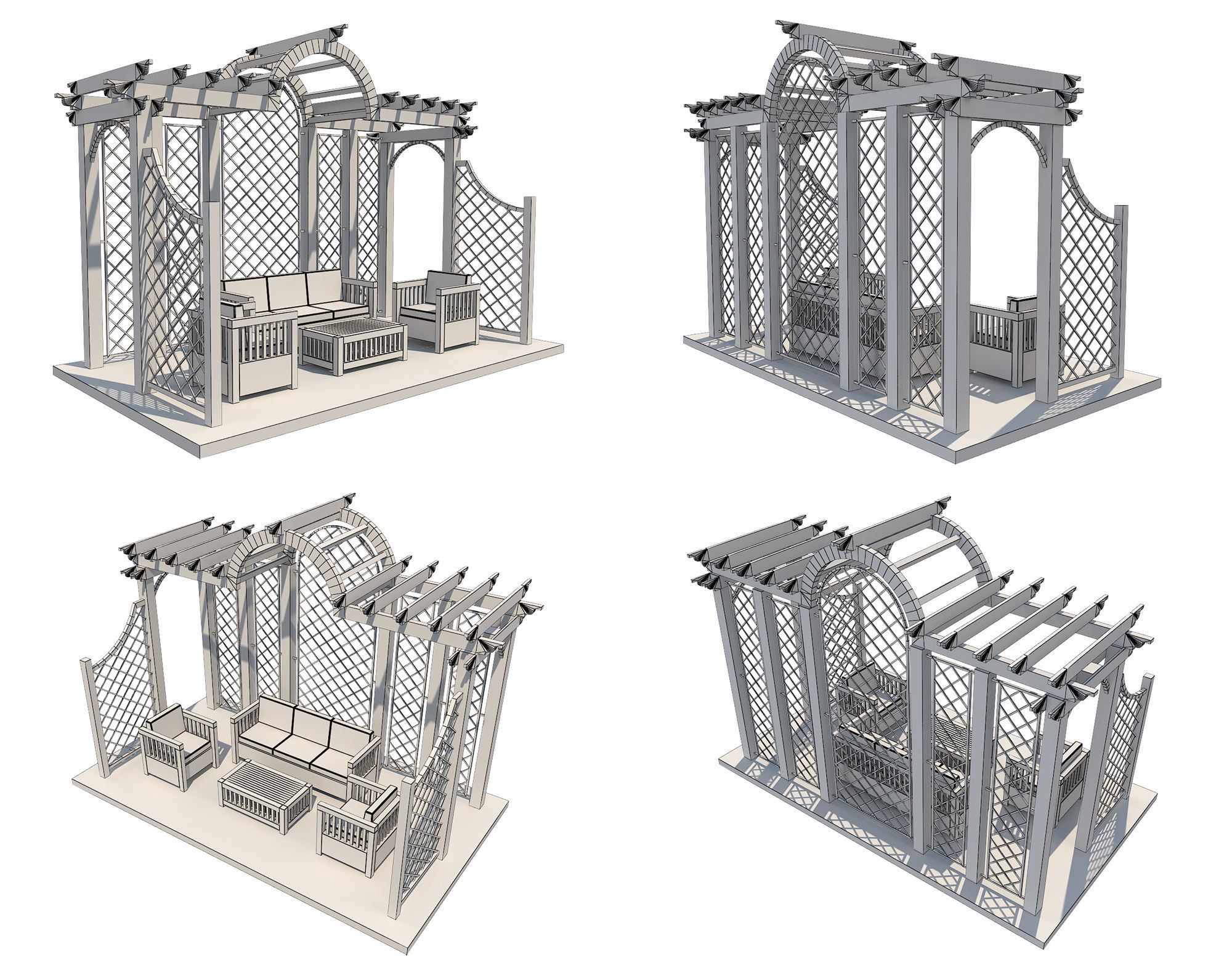 3D model Pergolas Set 4 wooden pergola with furniture VR / AR / low ...