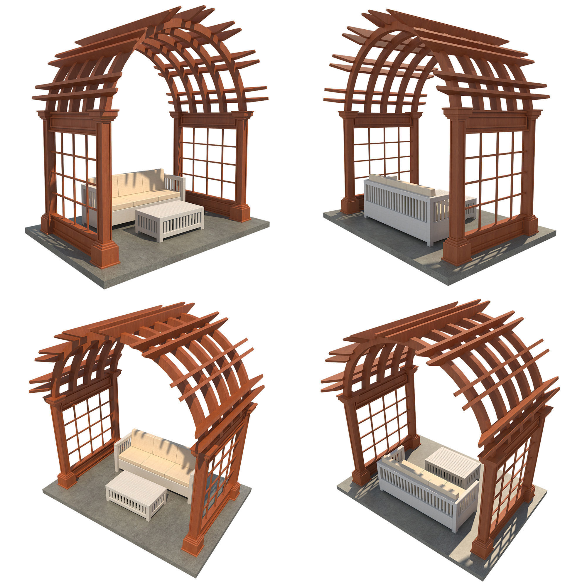 3D model Pergolas Set 4 wooden pergola with furniture VR / AR / low ...