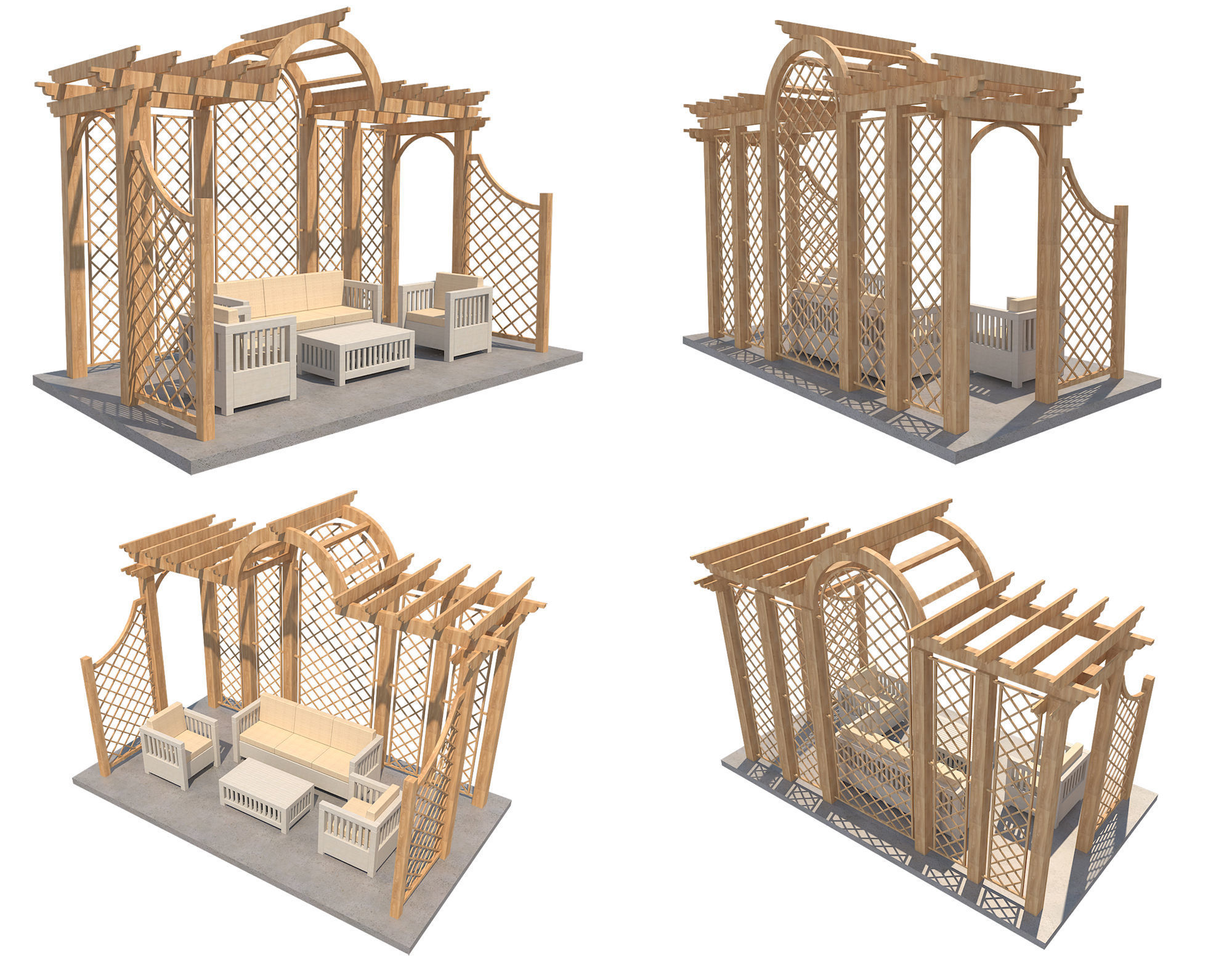 3D model Pergolas Set 4 wooden pergola with furniture VR / AR / low ...